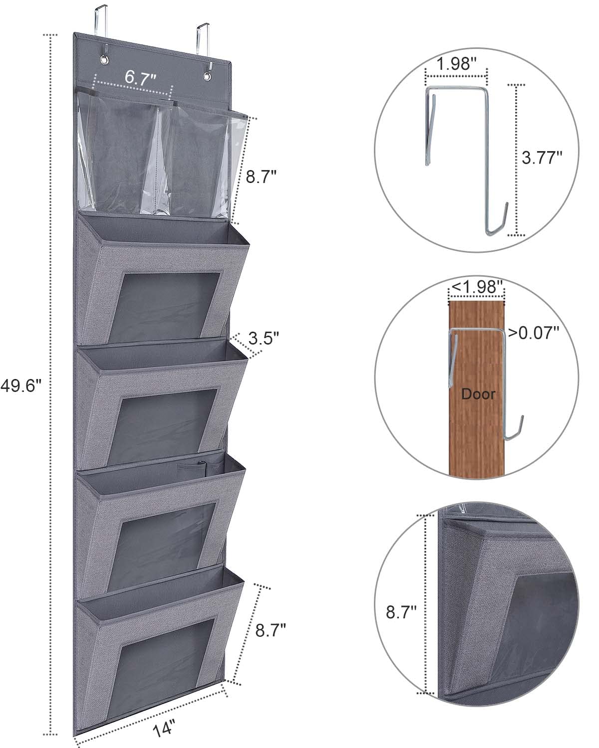 YOLOXO Heavy Duty Over The Door File Organizer, Wall Mounted Hanging Wall File Organizer for File Folders, School Mailbox, Home/Office Papers (Grey)