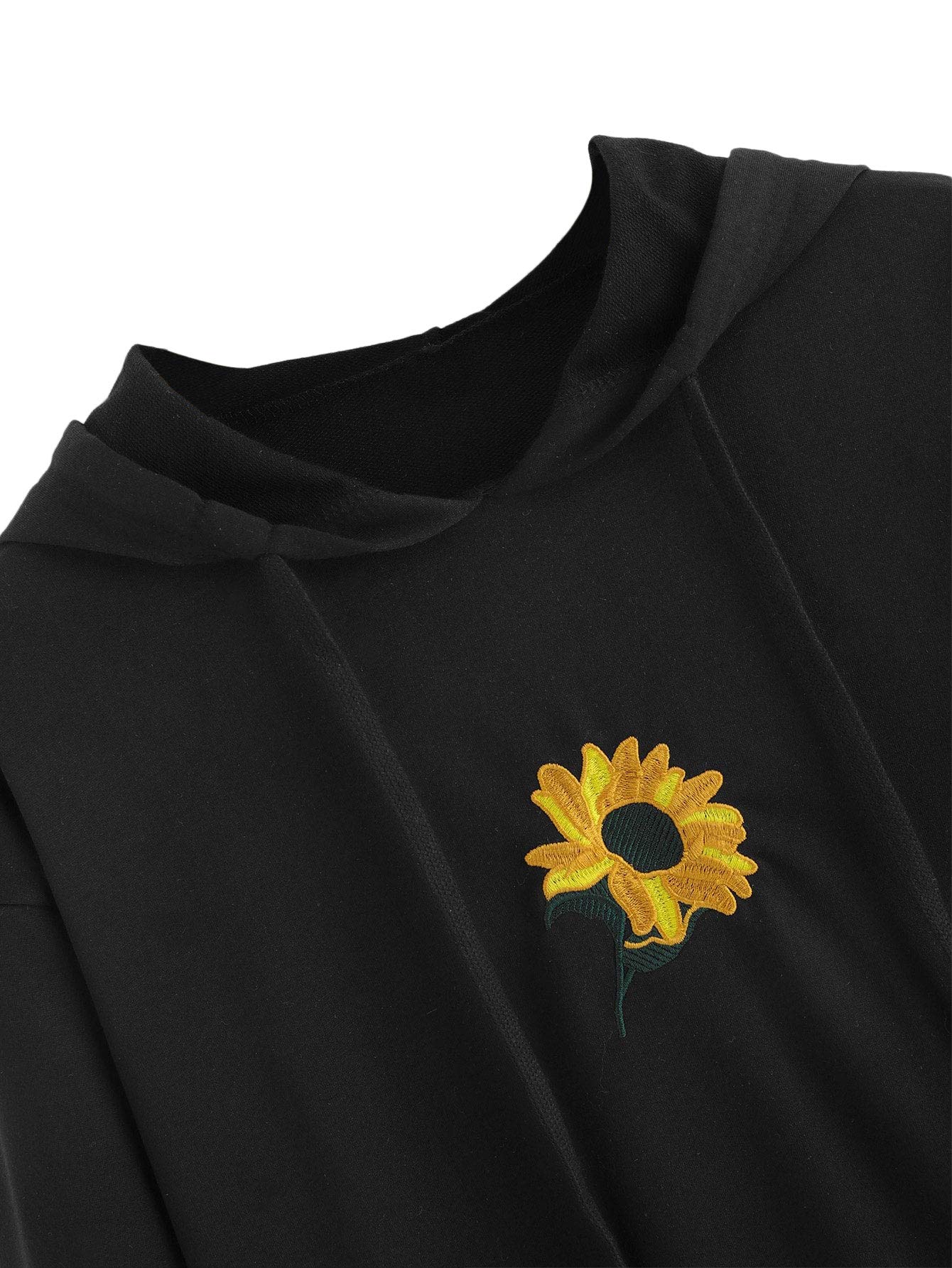 SweatyRocks Women's Floral Print Long Sleeve Hoodie Casual Drawing Sweatshirt Pullover Crop Top Black L