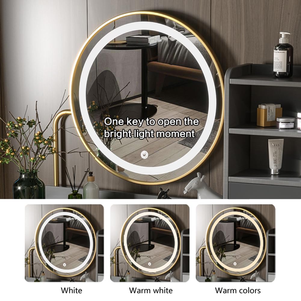 Vanity Desk,Make Vanity Set with Touch Screen Dimming Mirror, 3 Color Lighting Modes, Dressing Table with 3 Sliding Drawers, Modern Bedroom Makeup Table and Cushioned Stool Set for Women Girls,Grey