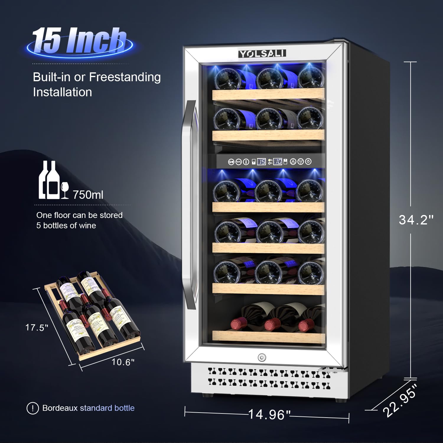 Yolsali 24 Inch Wine Cooler, Beverage Refrigerator, Dual Zone Wine Cooler Refrigerator with 2 Safety Locks, Adjustable Legs, Soft LED Light, Hold 20 Bottles and 57 Cans, Built-In or Freestanding