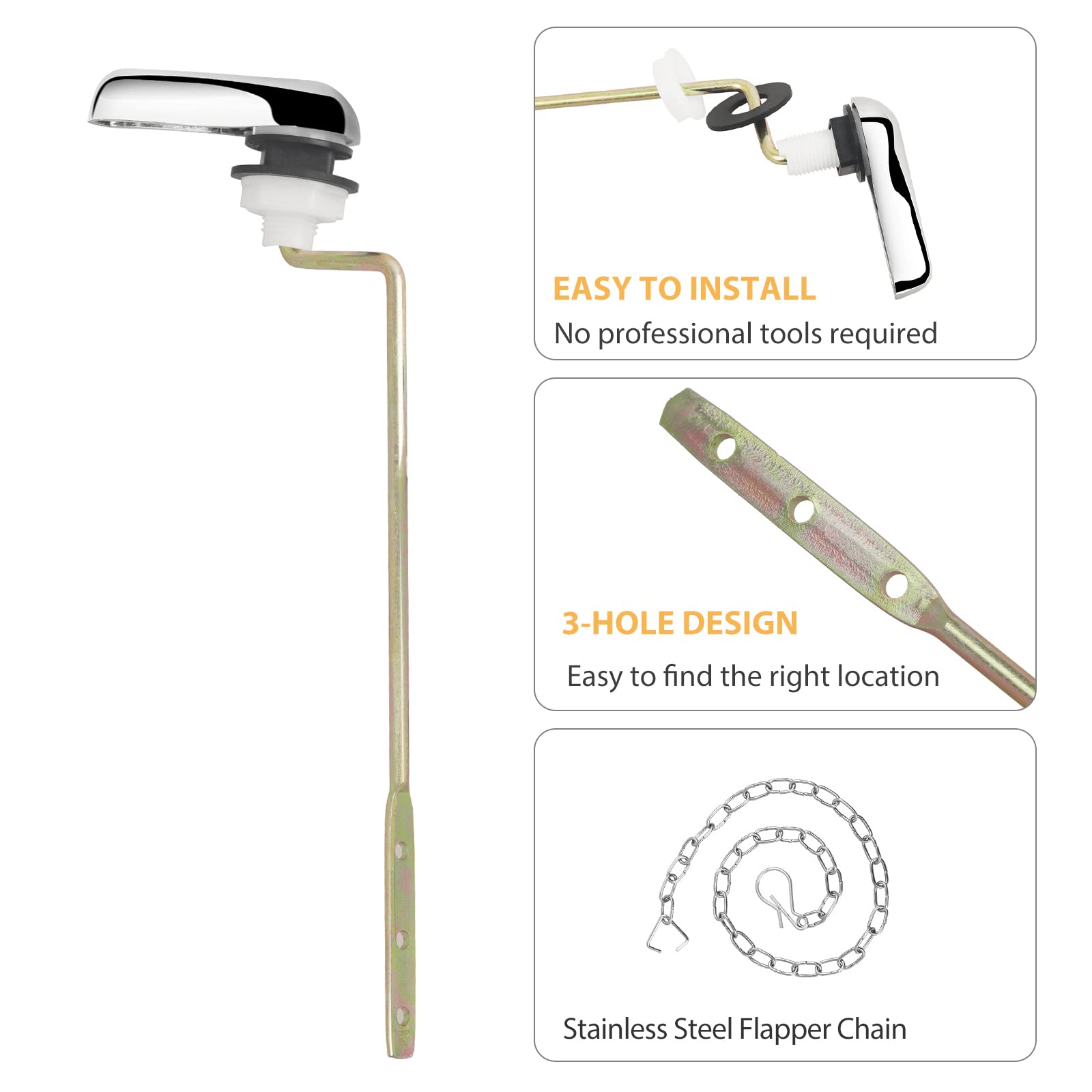 Universal Toilet Handle Replacement Kit, Chrome Finish Toilet Flush Handle with Nut Lock and Stainless-Steel Flapper Chain, Side Mount Toilet Flush Lever Fits Most Standard Toilet Tanks, Easy Install