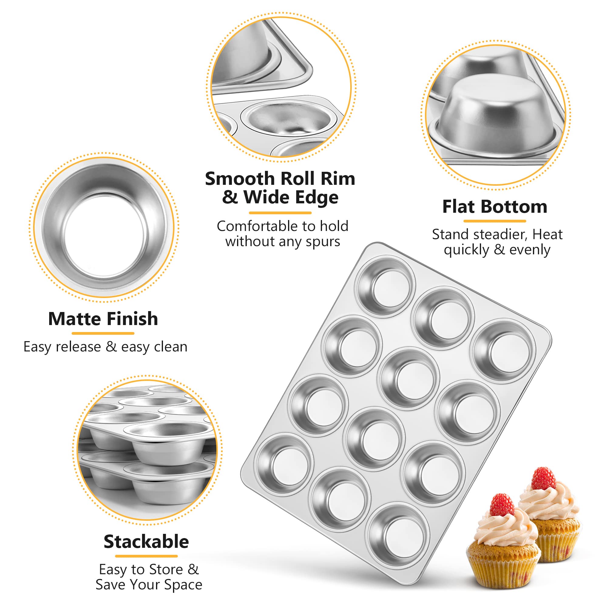 TeamFar 12-Cup Muffin Pan, Stainless Steel Muffin Tin Metal Cupcake Baking Pan for Oven, Regular Size & Non Toxic, Easy Clean & Dishwasher Safe