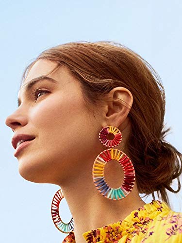 Statement Rattan Raffia Hoop Drop Earrings for Women Geometric Handmade Colorful Rainbow Earring