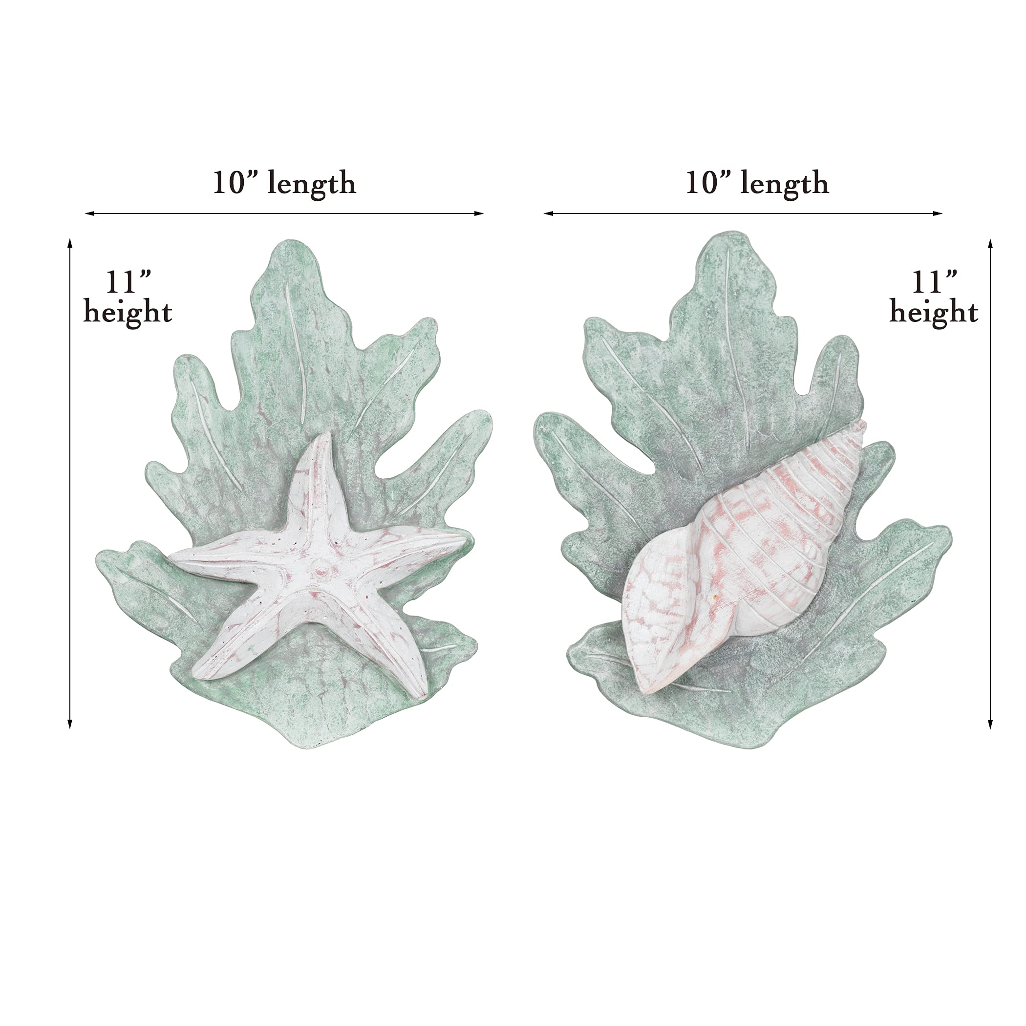 T.I. Design Hand-Carved Wood Starfish and Turban Shell on Reef | Coastal Seashells Beach Wall Decor Set of 2