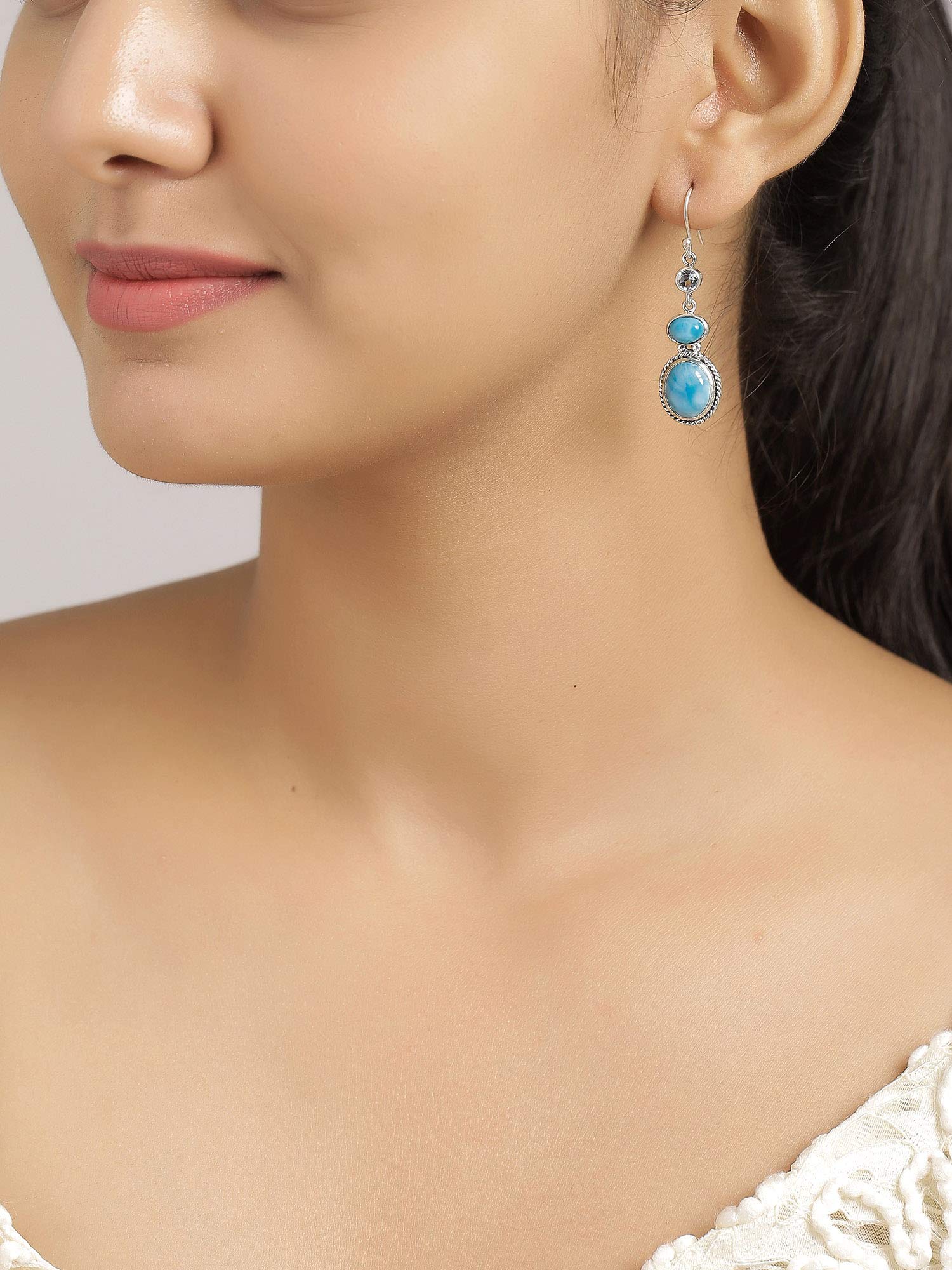 YoTreasure Natural Larimar Blue Topaz Solid 925 Sterling Silver Dangle Earrings Jewelry