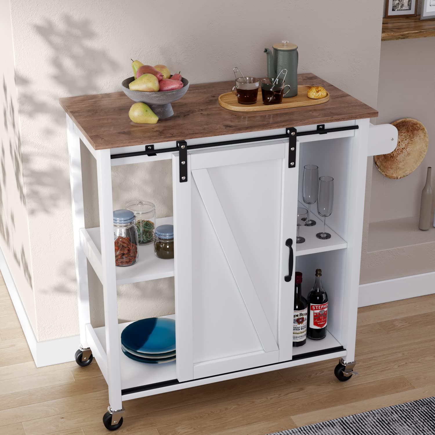 Small Kitchen Island with Storage, White Kitchen Storage Cart on Wheels, Kitchen Coffee Cart with Sliding Barn Door, Rolling Kitchen Island for Kitchen