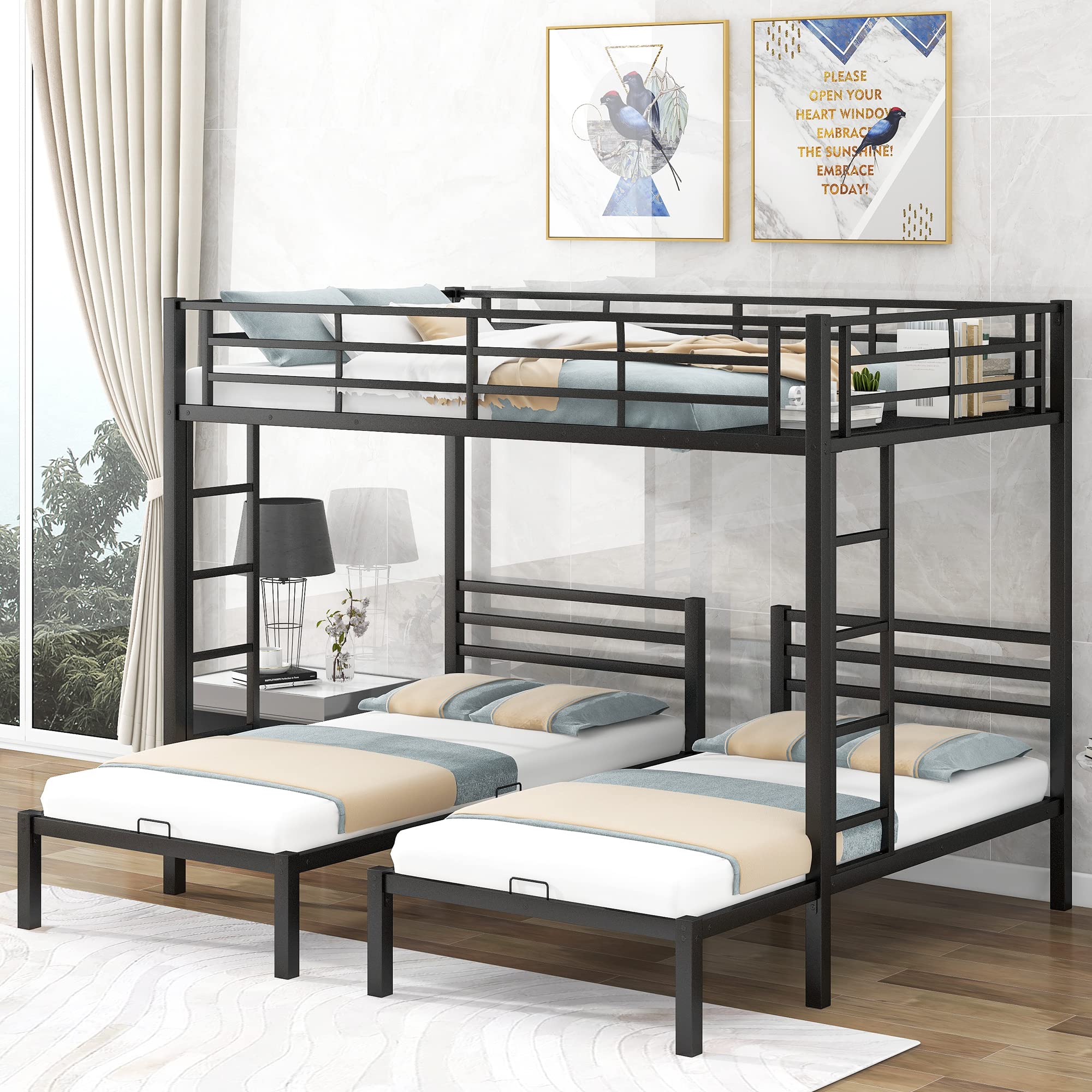 TARTOP Metal Triple Bunk Beds Full Over Twin & Twin Bunk Bed with Upper Built-in Shelf, 3 Bed Bunk Beds with 2 Ladders for Kids, Teens, Adults,Black