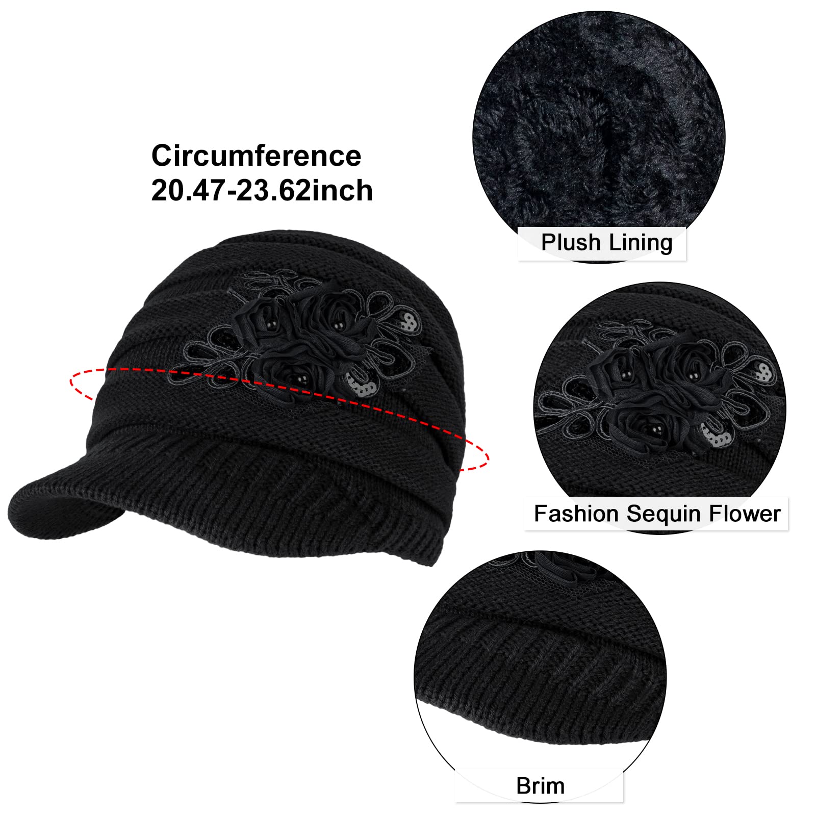 YSense Womens Hats Winter Beanie with Brim Warm Cable Knit Newsboy Cap Visor with Sequined Flowerisor/ Flower,A-Black