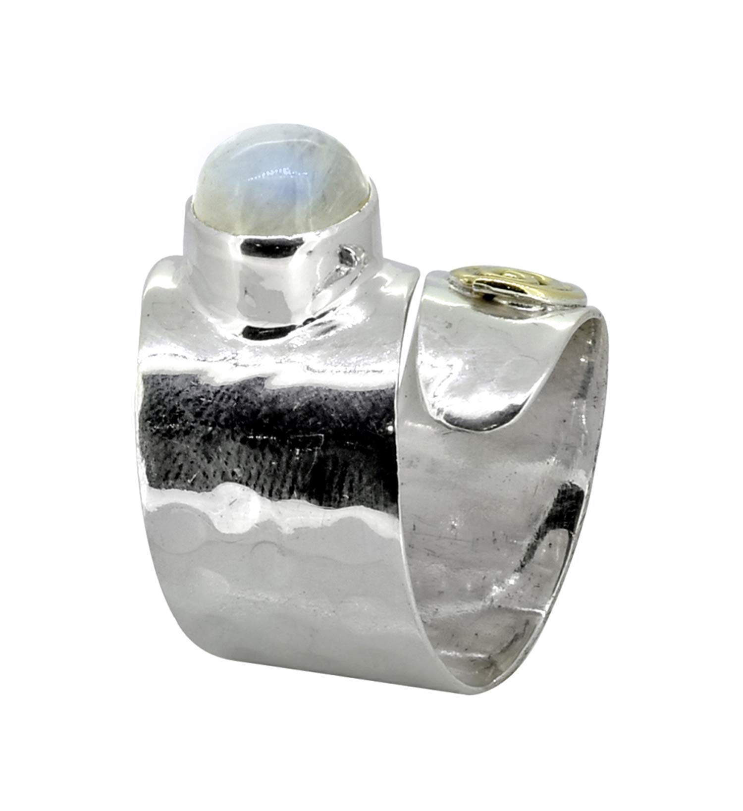 YoTreasure Natural Moonstone Solid 925 Sterling Silver Brass Hammered Finish Ring