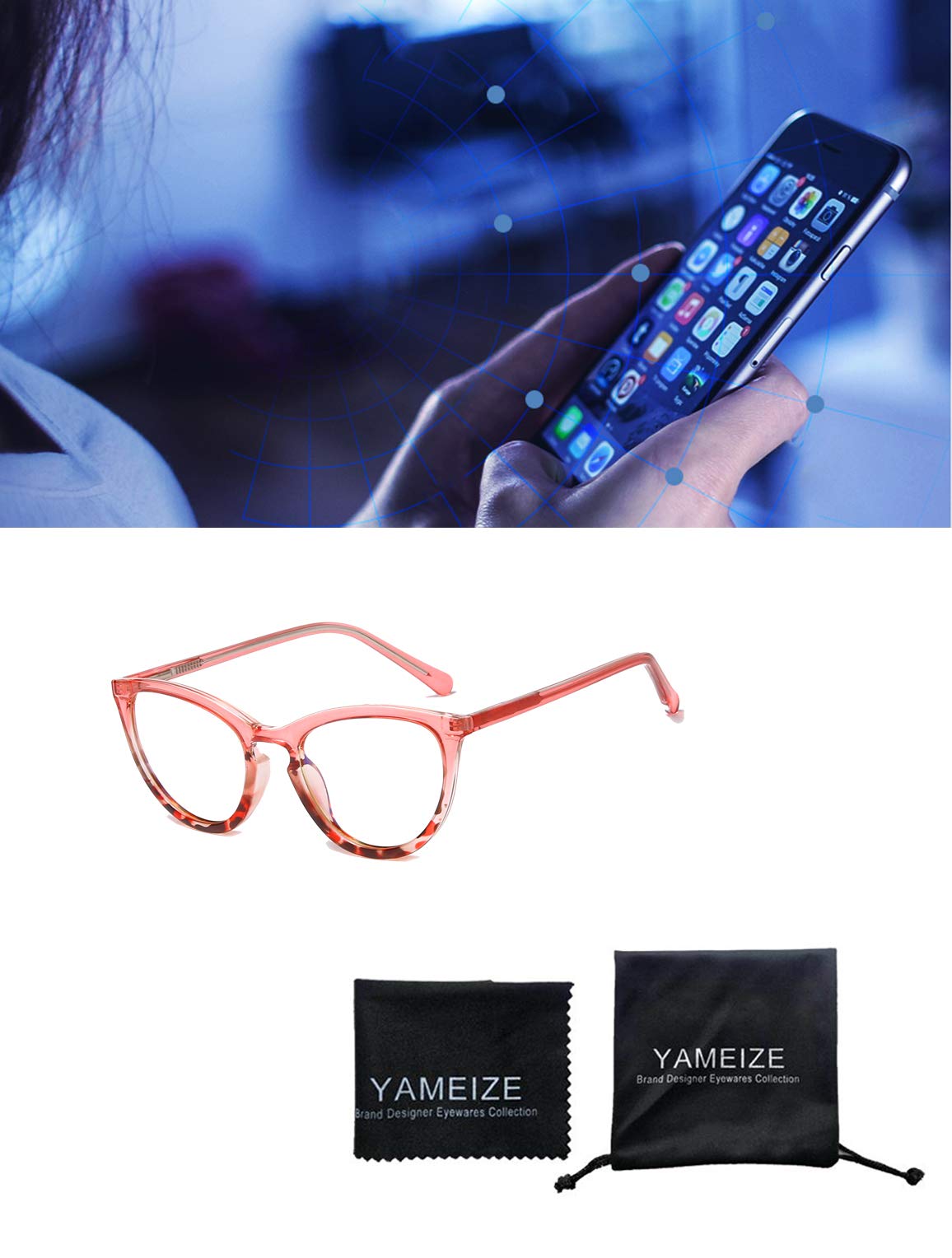 YAMEIZE Fashion Blue Light Blocking Glasses for Women Cat Eye Computer Screen Glasses Anti Glare Reading Eyeglasses UV400 (Pink and Tofu Pudding)
