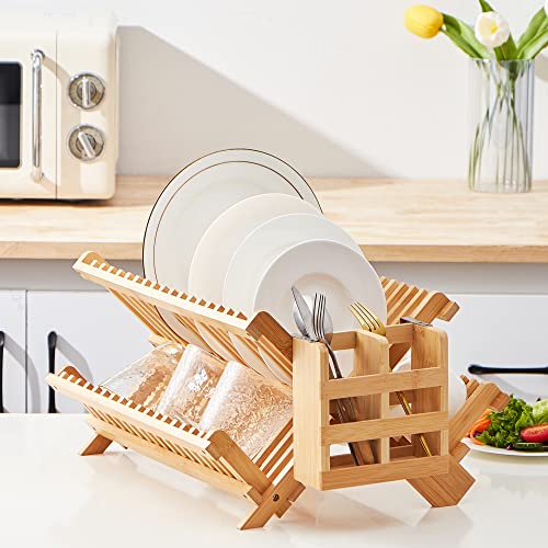 WORTHUG Bamboo Dish Drying Rack, 3-Tier Collapsible Wooden Dish Drying Rack - Utensil Holder - Roll Up Dish Drying Rack, Foldable Drying Rack for Kitchen Counter, Flatware Holder Set