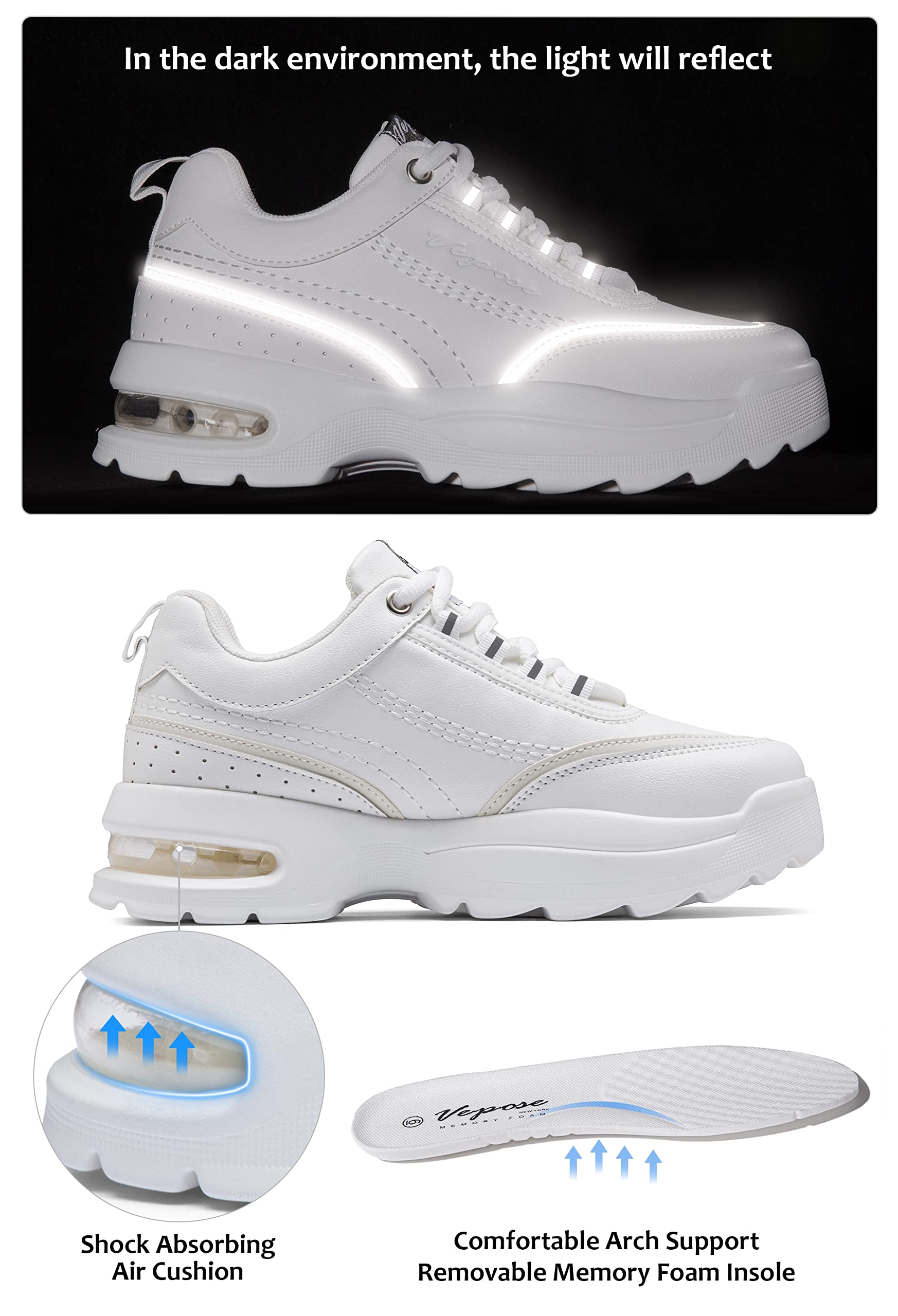 Vepose Women's 8019 Fashion Sneakers, Air Cushion Lace-up Walking Sneakers, Grey, Size 8 US -Memory Foam Running Shoes(CJY8019 Grey 08)
