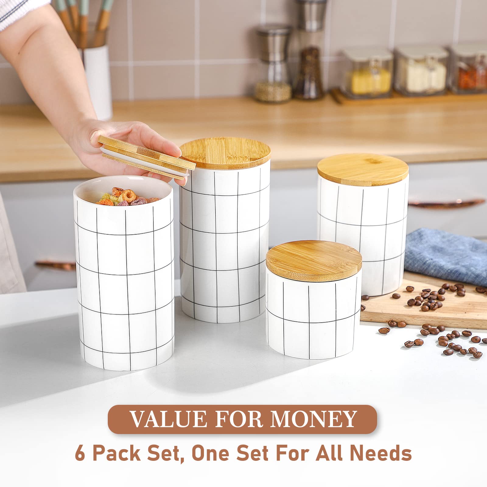 WELLCHE Kitchen Canisters Sets for Kitchen Counter Set of 6, Flour and Sugar Containers, Ceramic Canister Set Food Storage Jars with Airtight Bamboo Lid for Serving Ground Coffee, Tea, Sugar, Grain