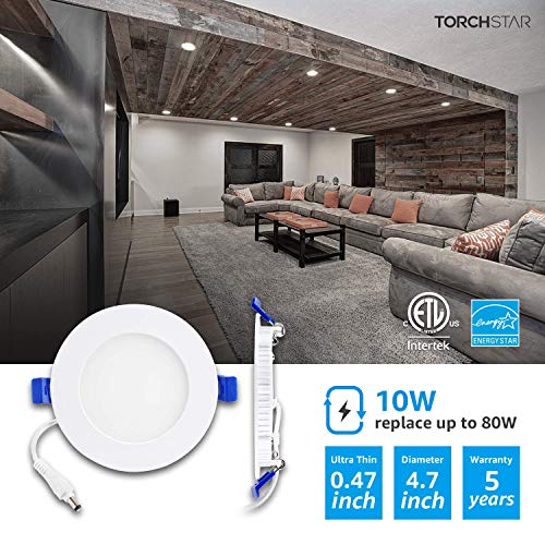 TORCHSTAR 4 Inch Ultra-Thin LED Recessed Light with Junction Box, 5000K Daylight, 10W 80W Eqv. Dimmable Slim LED Downlight, ETL and Energy Star Certified, Pack of 4