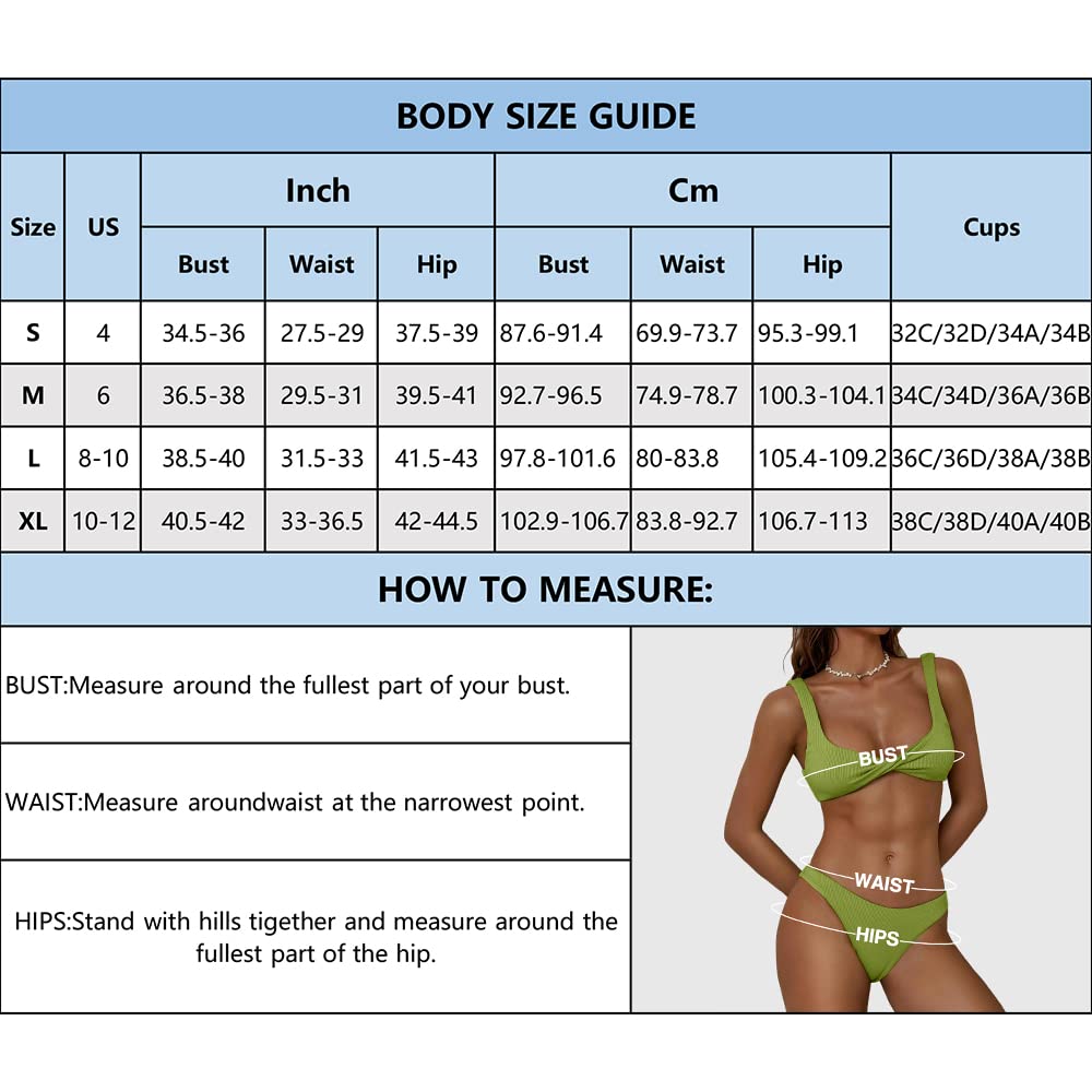 ZAFUL Ribbed Twisted Front Bikini Set for Women Cute Scoop Neck Textured Two Piece Swimsuits Sport Tank Bathing Suit(Deep Green,M)