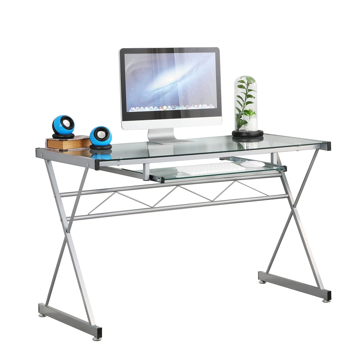 soges Computer Desk 47.2inch Glass Desk Workstation Office Desk with Pullout Keyboard Tray,Clear UT-093