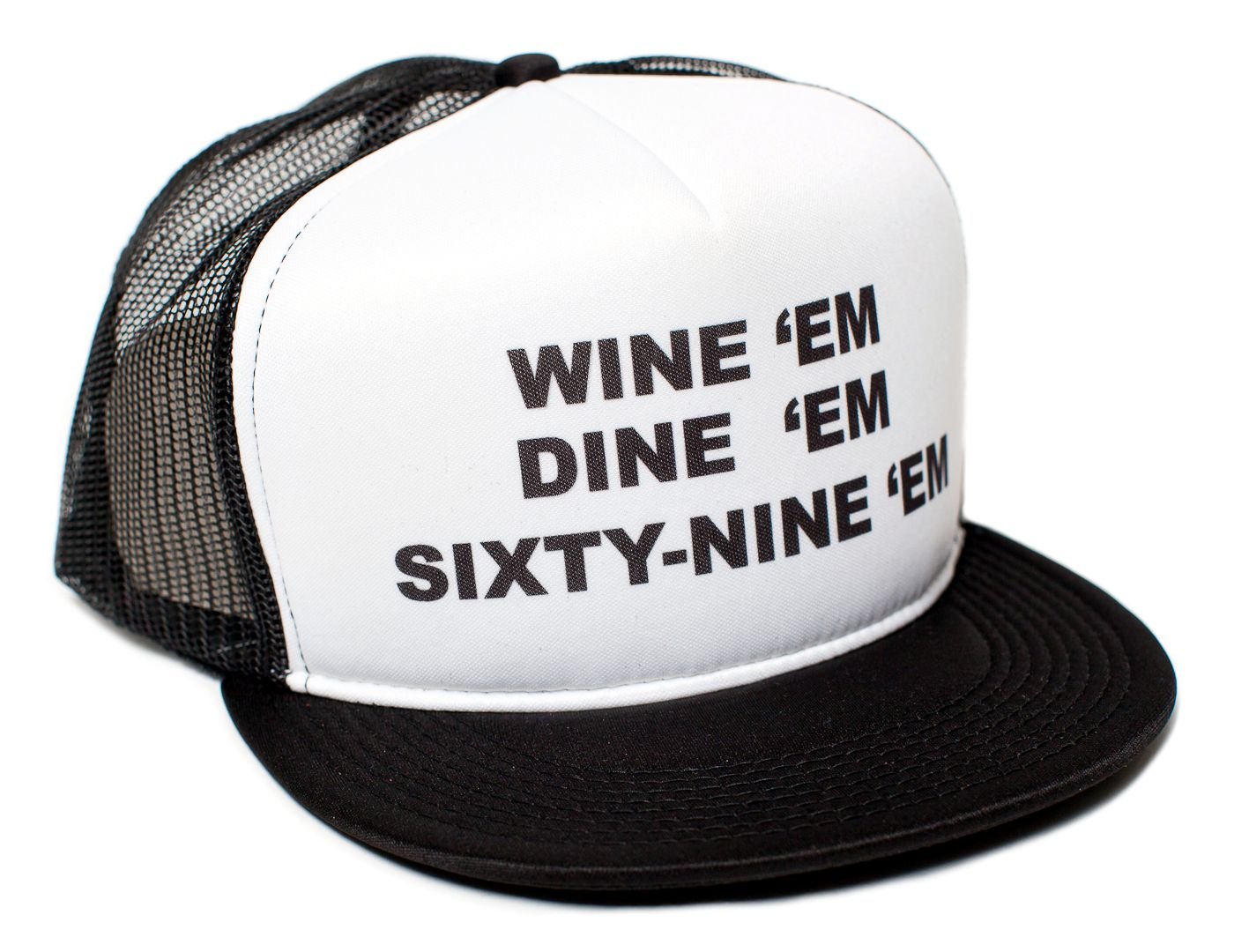 Wine Em Dine Sixty Nine Em 69 Flat Bill Unisex-Adult One-Size Trucker Hat (Black/White)
