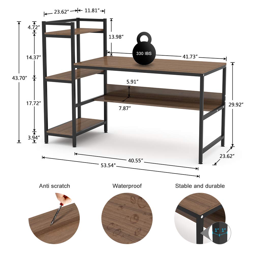 Yoleo Computer Desk with 4 Tier Storage Shelves - 53.54'' Student Study Table with Bookshelf Modern Wood Desk with Steel Frame for Small Spaces Home Office Workstation (Walnut)
