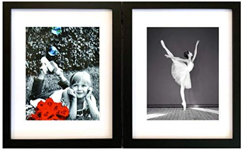 Tasse Verre 11x14 Black Folding Picture Frames With 8x10 Mats and HIGH DEFINITION GLASS - Displays Two Collage Pictures, Double Hinged Photo Frame Stands Vertically on Desktop