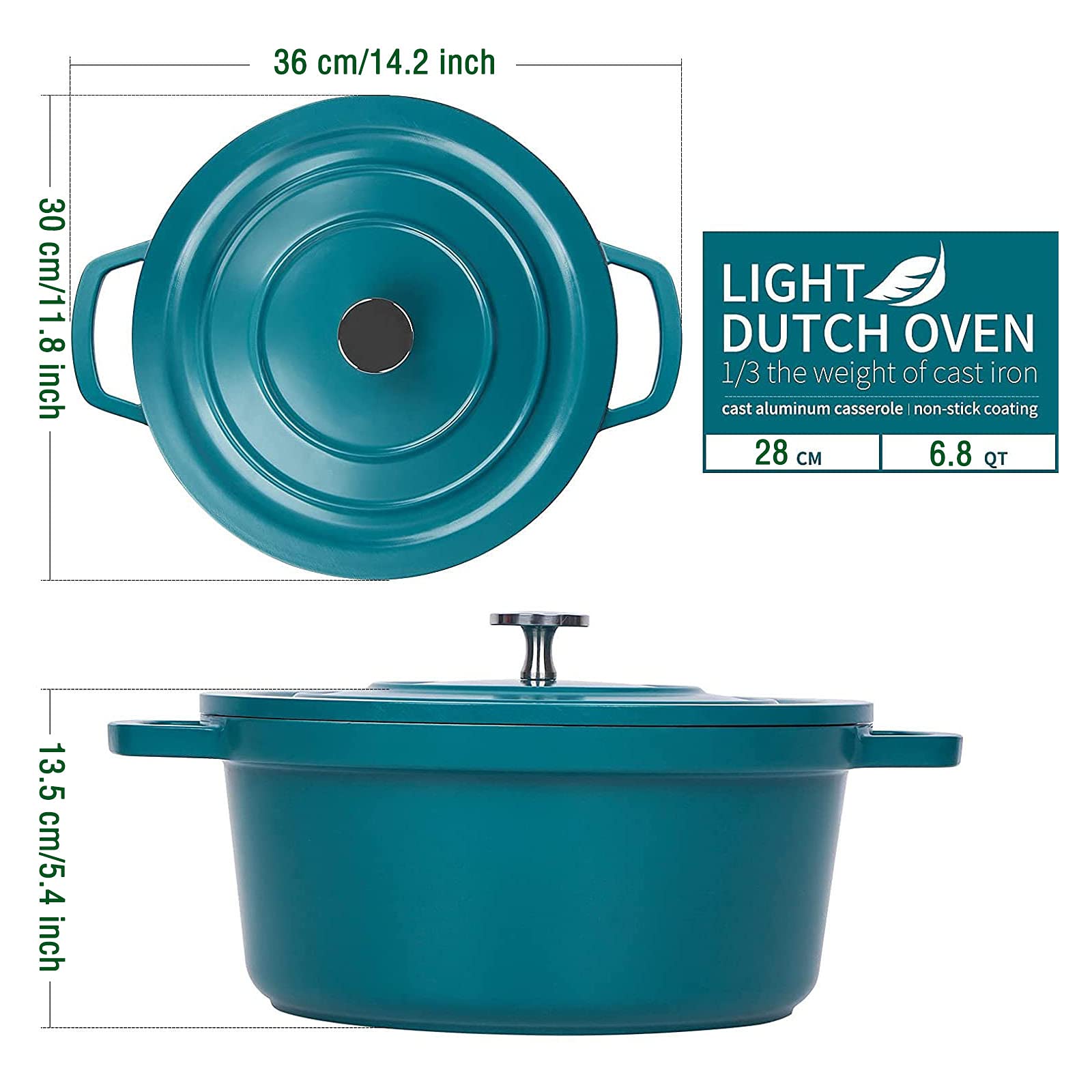 swiflon Dutch Oven Pot with Lid 6.8-QT Cast Aluminum Nonstick Casserole, Lightweight Cookware Braiser Pot Suitable for Meats, Soups, Bread Baking in Oven, Turquoise