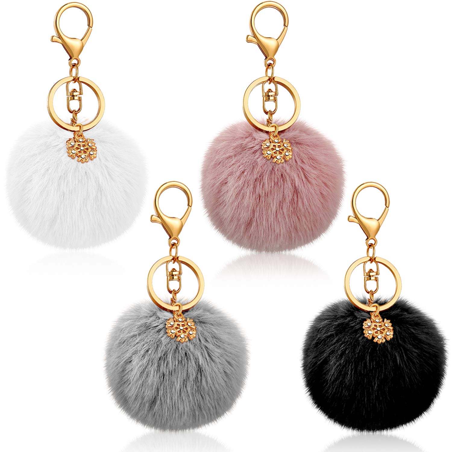 Yaomiao 4 Pieces 3 Inch Pom Pom Keychains Faux Fur Pompom Ball Keyrings with Snowflake (Black, Gray, White, Pink)