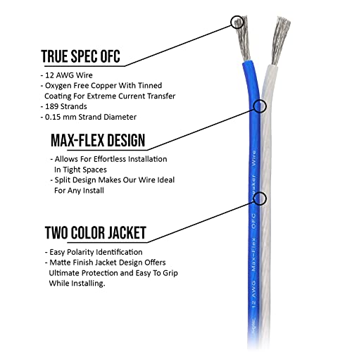 Skar Audio 12 Gauge (AWG) Elite Oxygen-Free Copper Audio Speaker Wire - 100 Feet (Blue/White)