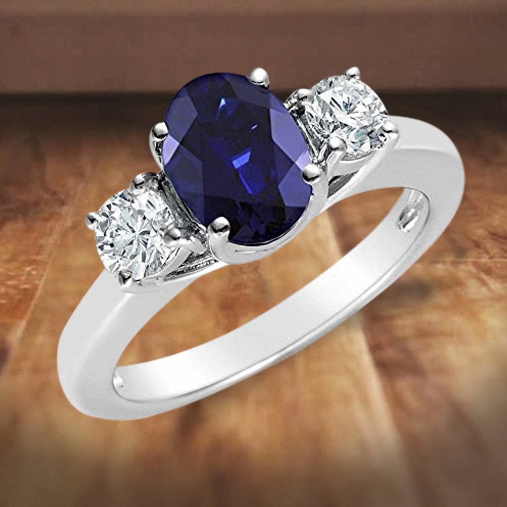 Voss+Agin Genuine Diamond (.15ctw) & Oval Sapphire (1.60ctw) 3 Stone Ring,Set in 14K White Gold (7)