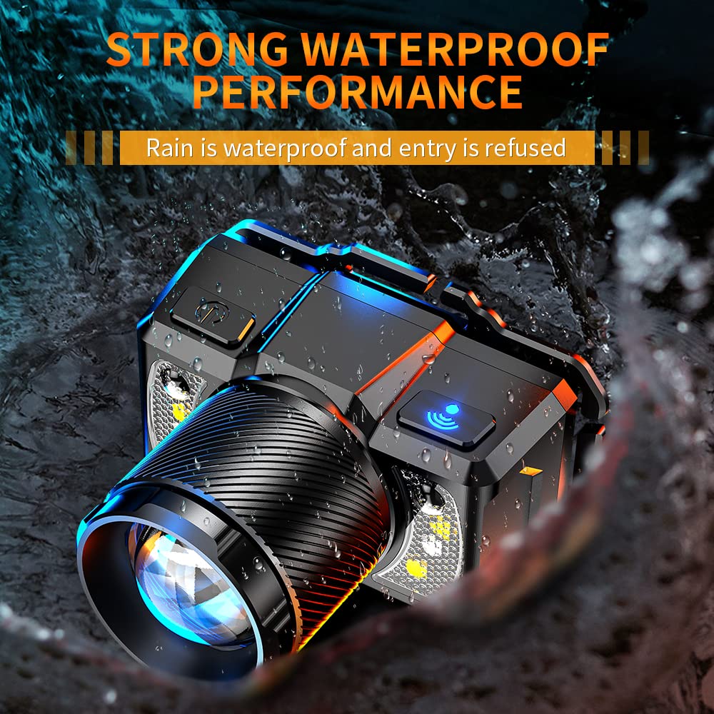 SuperFire Led headlamp,2000 Lumen Super Bright headlamp Rechargeable,Zoomable Head lamp Flashlight with Motion Sensor Hard Hat Light headlamps for Adults