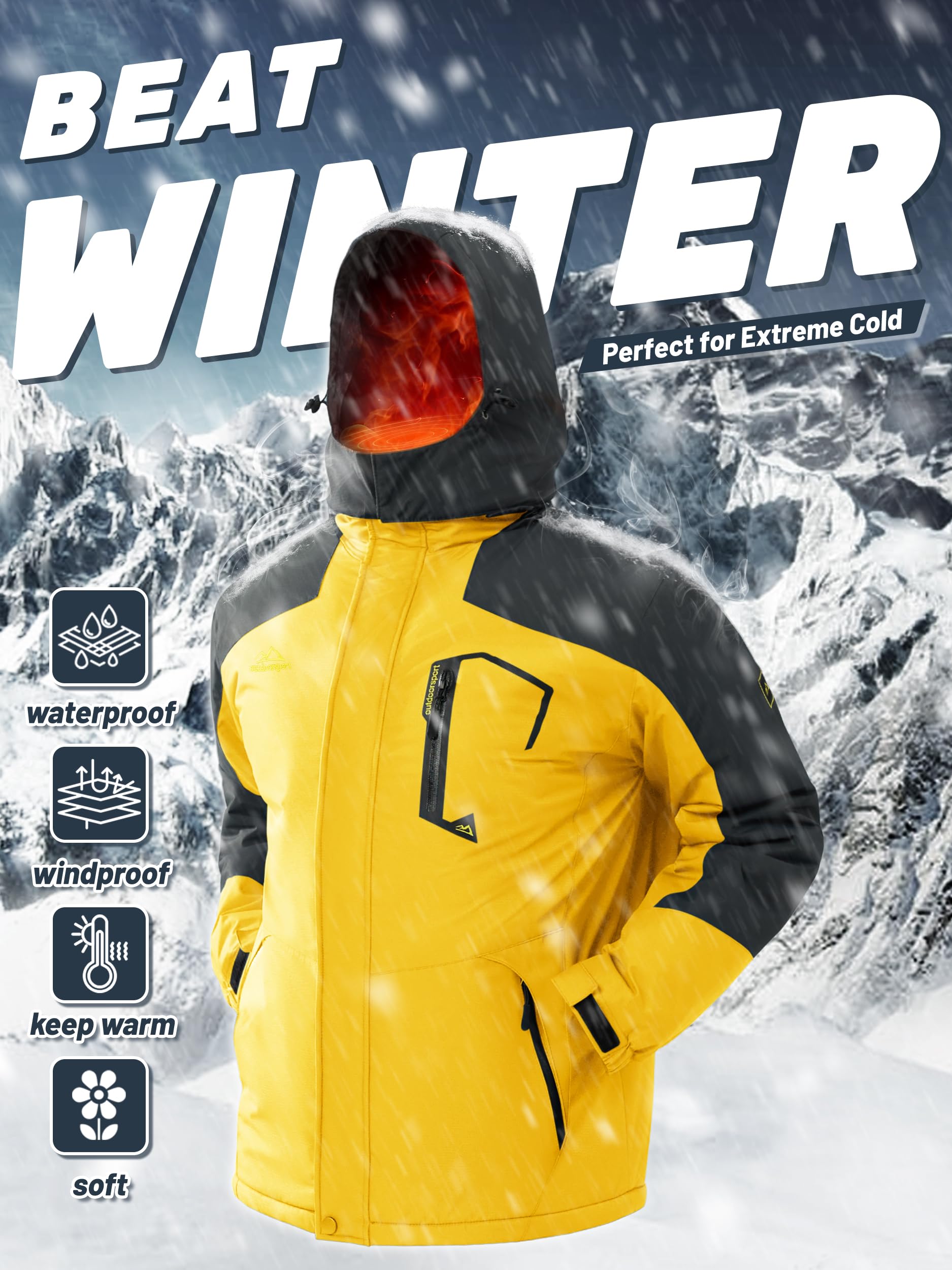 TACVASEN Rain Coat Mens Winter Warm Jacket Fleece Waterproof Jakcet Ski Snow Coats for Men Insulated Softshell Jacket