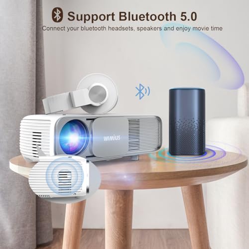 WiFi Projector Support 5.0 Bluetooth Transmitter, WiMiUS Mini Projector 1080P and 4K Support, 300’’ Screen Zoom Compatible with Smartphone (Wirelessly) PC TV Stick Chromecast PS5
