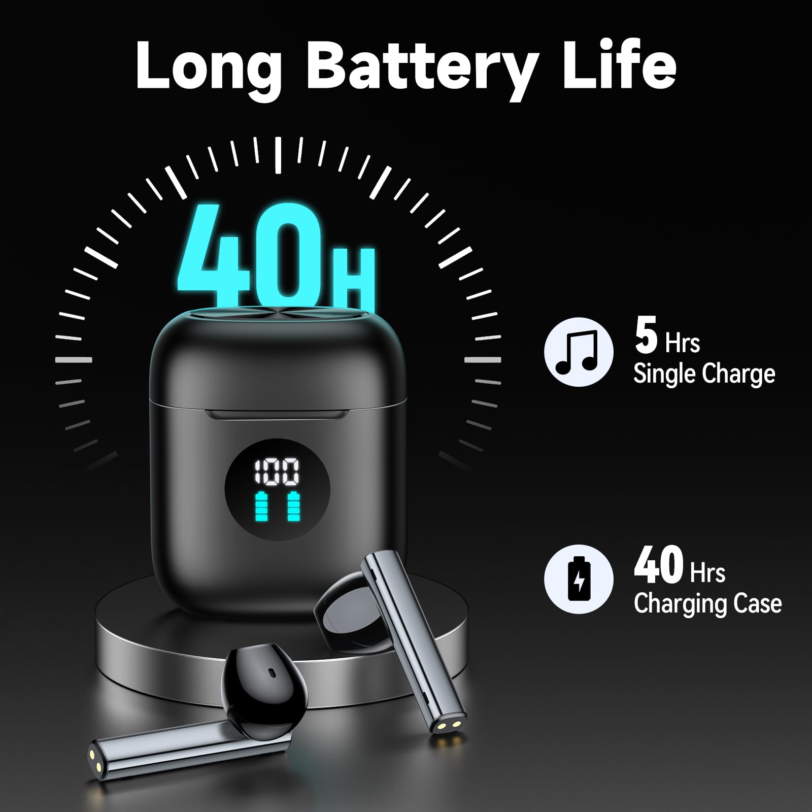 Wireless Earbuds Bluetooth Headphones 40Hrs Playtime Ear Buds with Digital Display Charging Case Microphone Immersive Stereo Audio Headset IPX7 Waterproof Sports Earphones for iOS Android Laptop Black