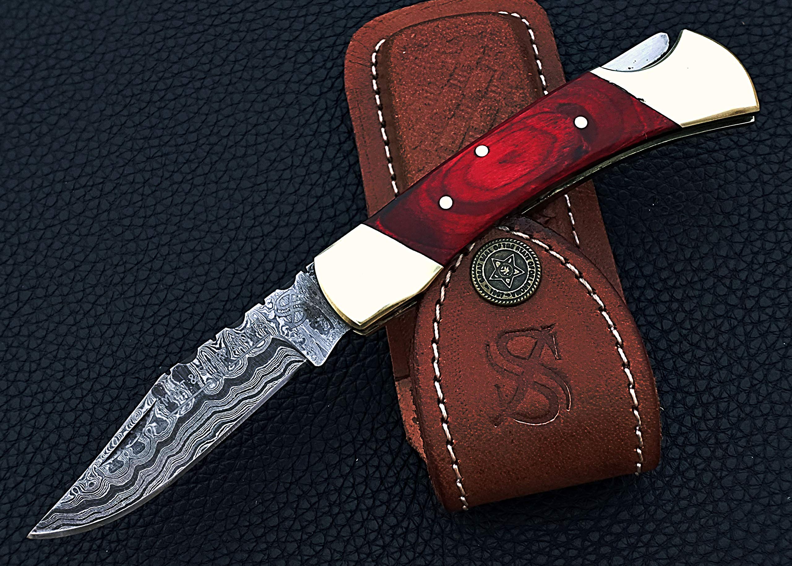 Smart & Sharp Custom Handmade Damascus Steel Folding Knife/Pocket Knife AR-17394 (Red Colored wood) (Red)