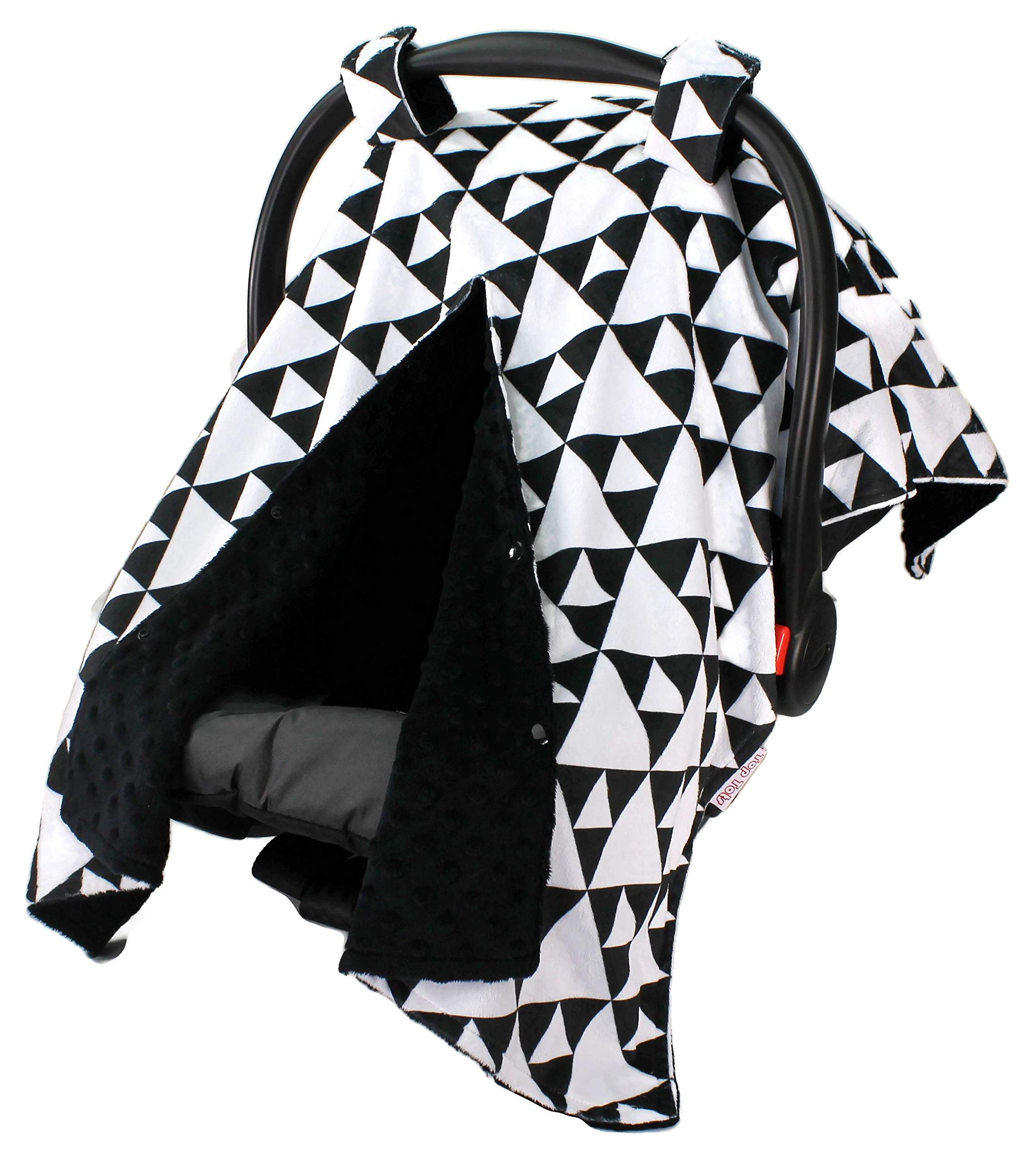 Top Tots Deluxe Baby Car Seat Canopy Cover, Triple Triangle, Minky Dot, Black, Includes 1 Year Warranty
