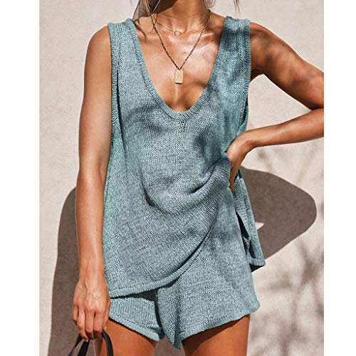 Womens Two Piece Rib-Knit Pants Set Casual Deep V-neck Vest Bandage Outfits Tracksuit