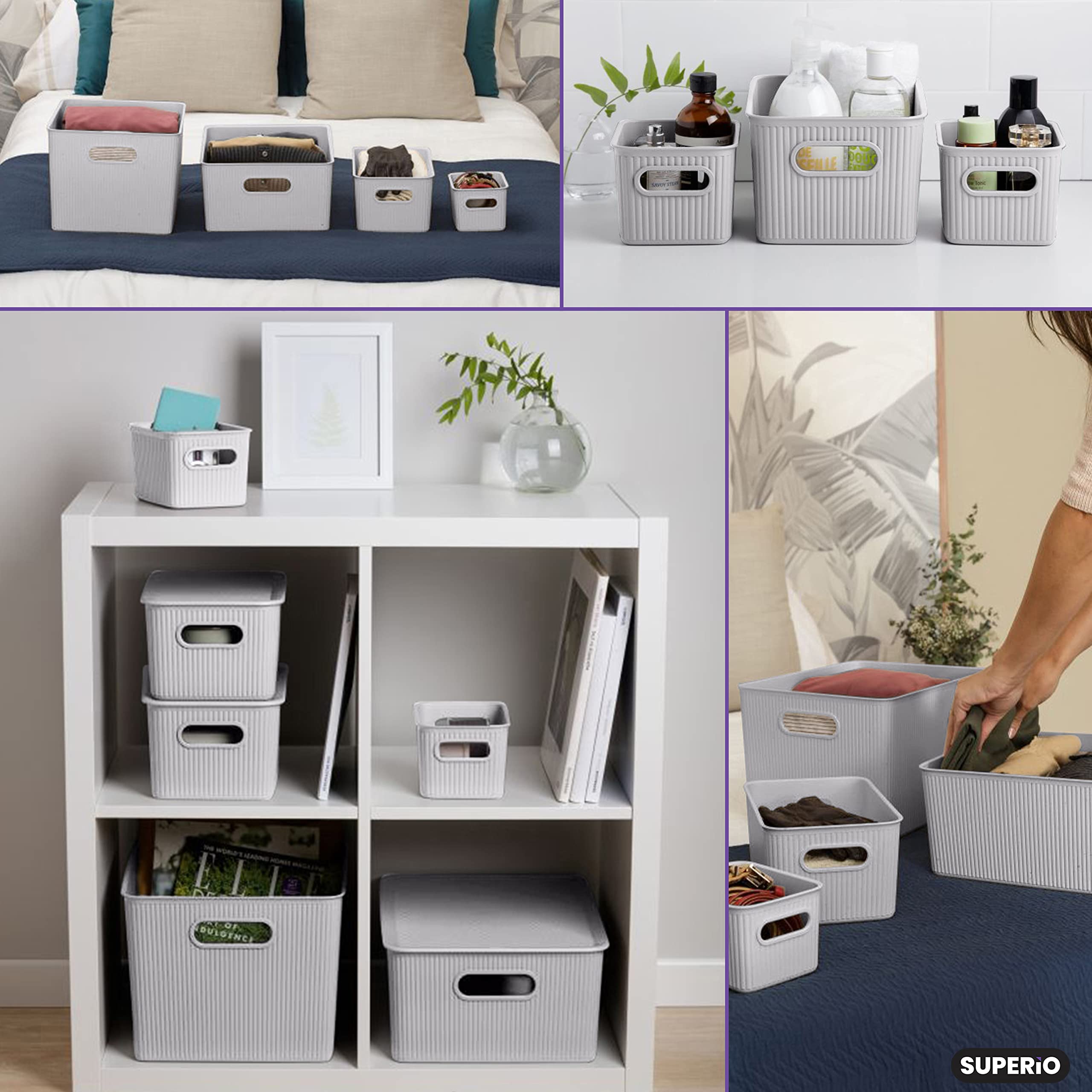 Superio Ribbed Collection - Decorative Plastic Open Home Storage Bins Organizer Baskets, Medium White Smoke (6 Pack) Container Boxes for Organizing Closet Shelves Drawer Shelf 5 Liter