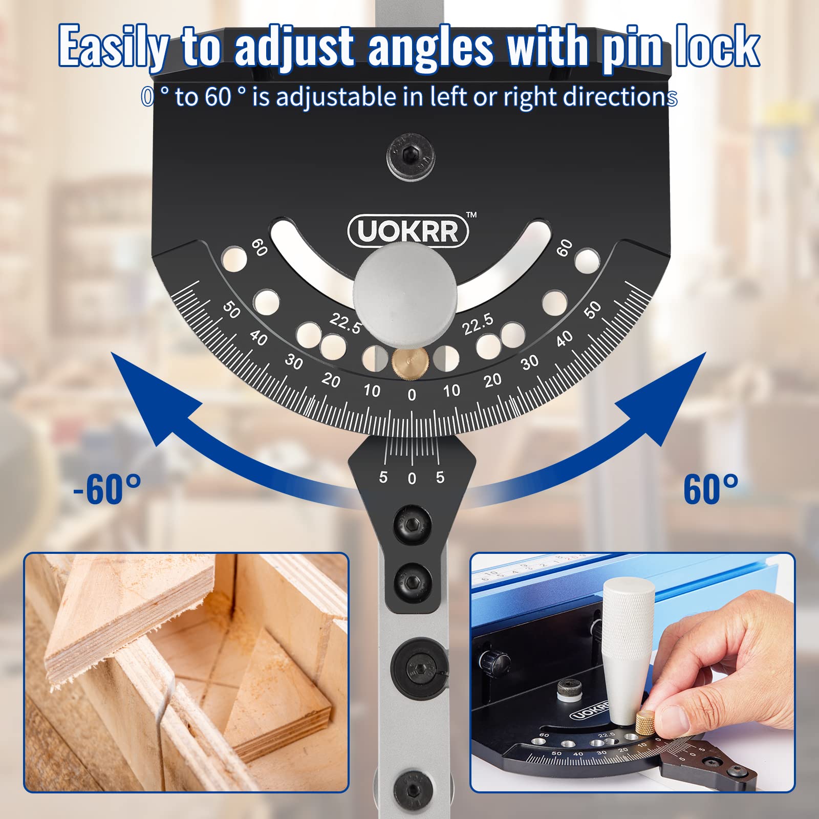 UOKRR Precision Miter Gauge for Table Saw 24" Aluminum Miter Fence Repetitive Cut Flip Stop 60° Angled Ends for Maximum Stock Support