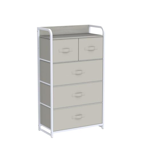 YITAHOME Fabric Dresser with 5 Drawers - Storage Tower with Large Capacity, Organizer Unit for Bedroom, Living Room & Closets - Sturdy Steel Frame, Wooden Top & Easy Pull Fabric Bins (Cream White)