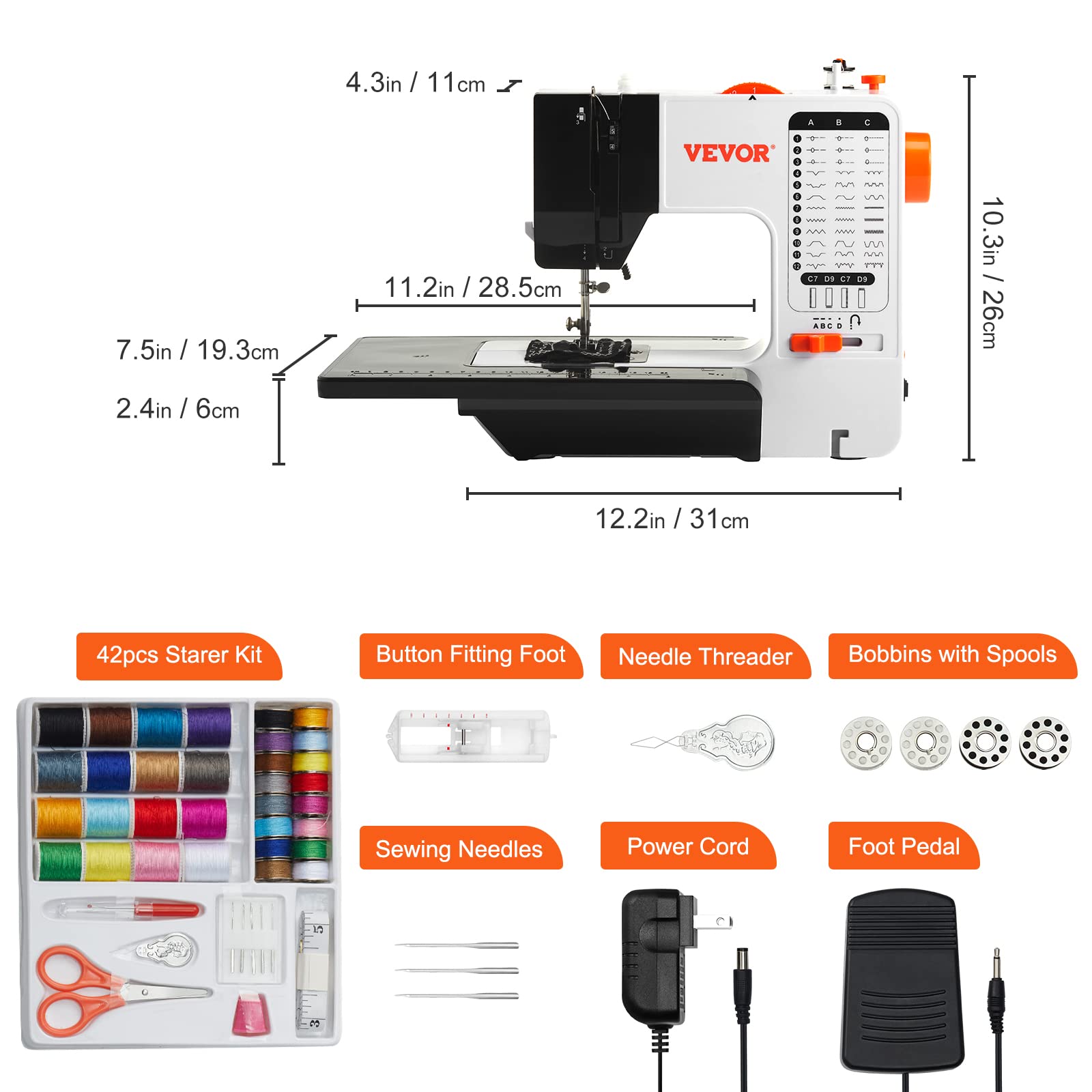 VEVOR Portable Sewing Machine for Beginners with 38 Built-in Stitches & Reverse Sewing, Dual Speed Sewing Machine with Extension Table Foot Pedal, Accessory Kit Family Home Travel