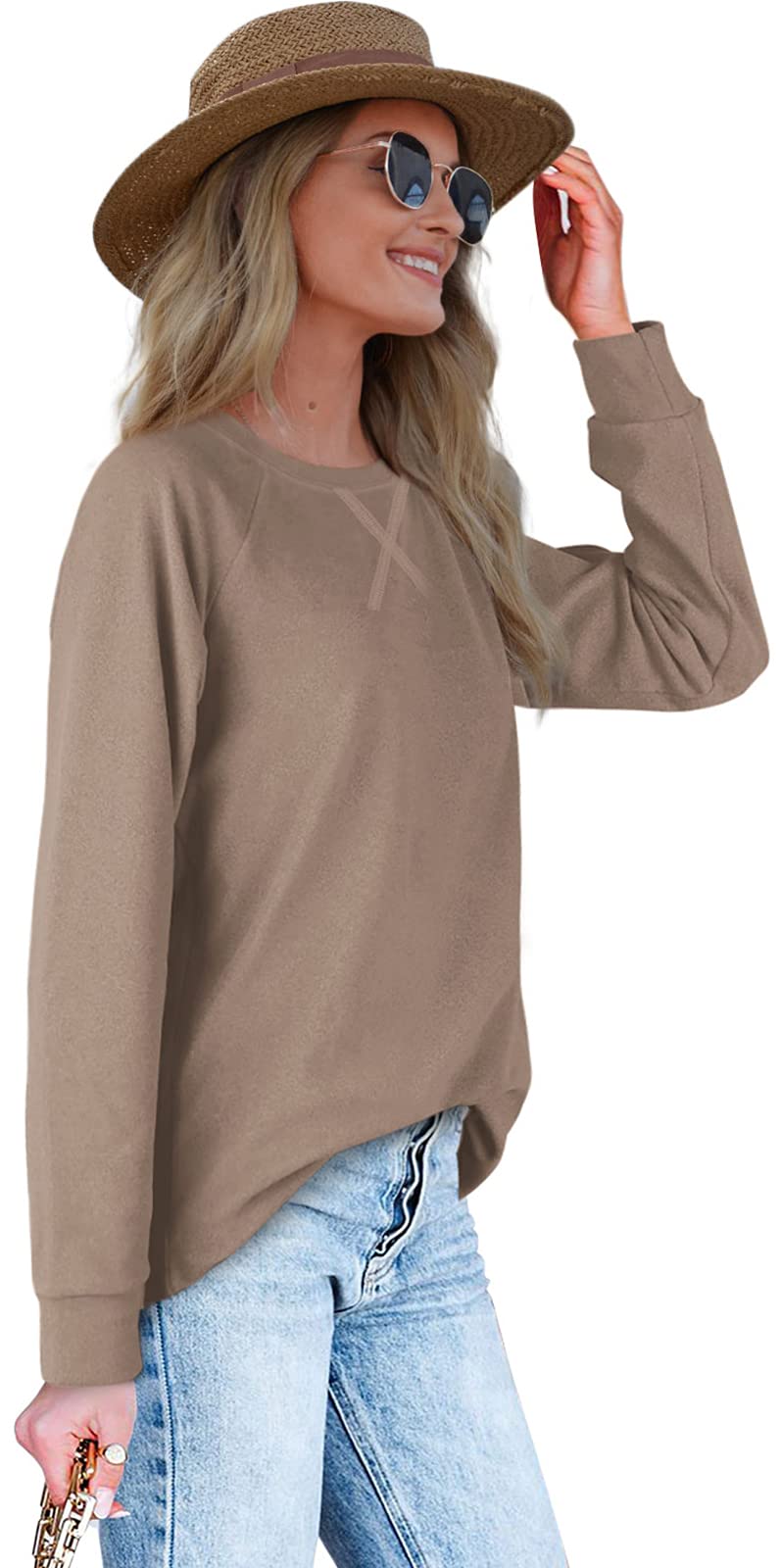 XIEERDUO Super Soft Sweatshirts For Women Cozy Pink Fall Shirt Long Sleeve Coffee Xxl