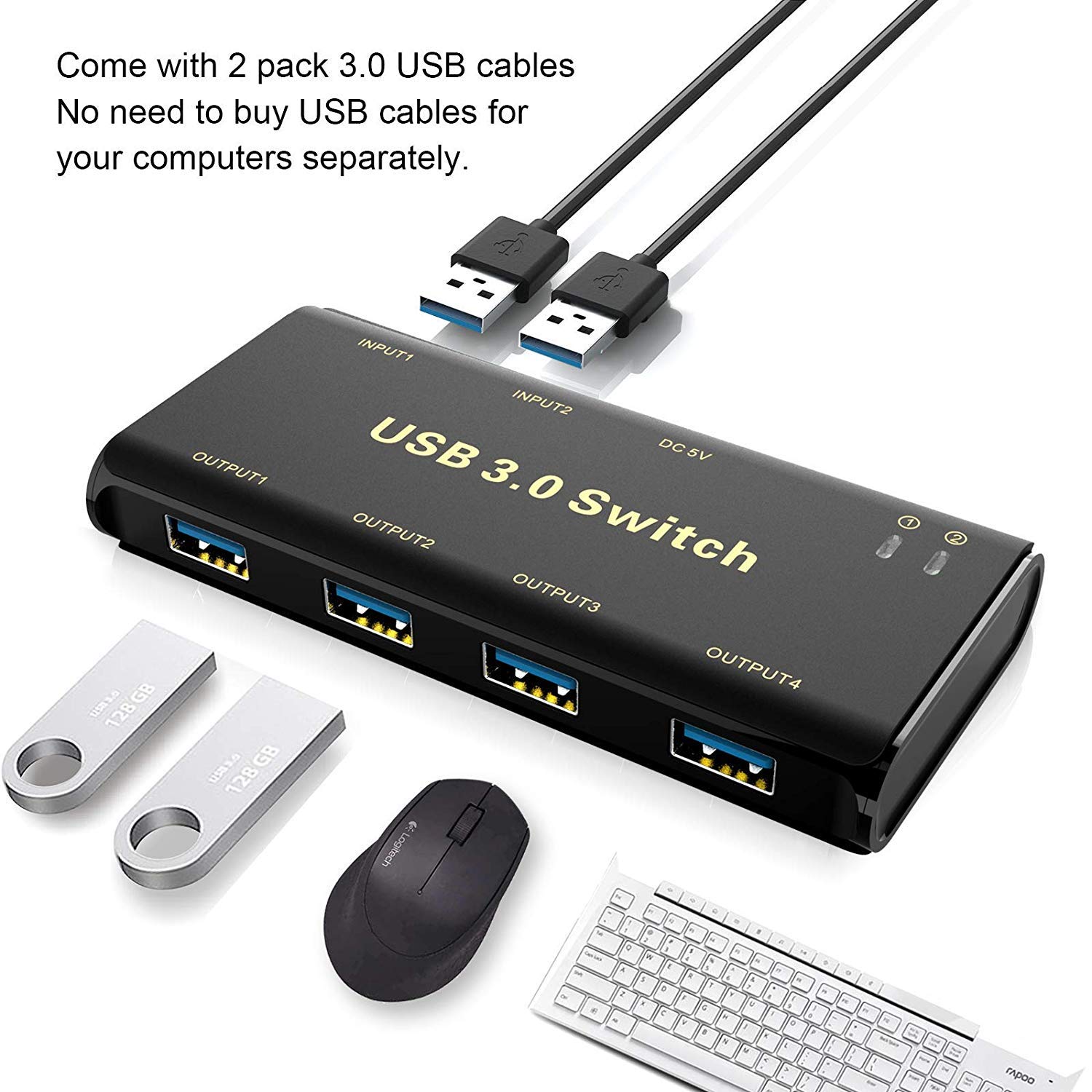 USB 3.0 Switch Selector,ABLEWE KVM Switcher Adapter 4 Port USB Peripheral Switcher Box Hub for Mouse, Keyboard, Scanner, Printer, PCs with One-Button Switch and 2 Pack USB Cable