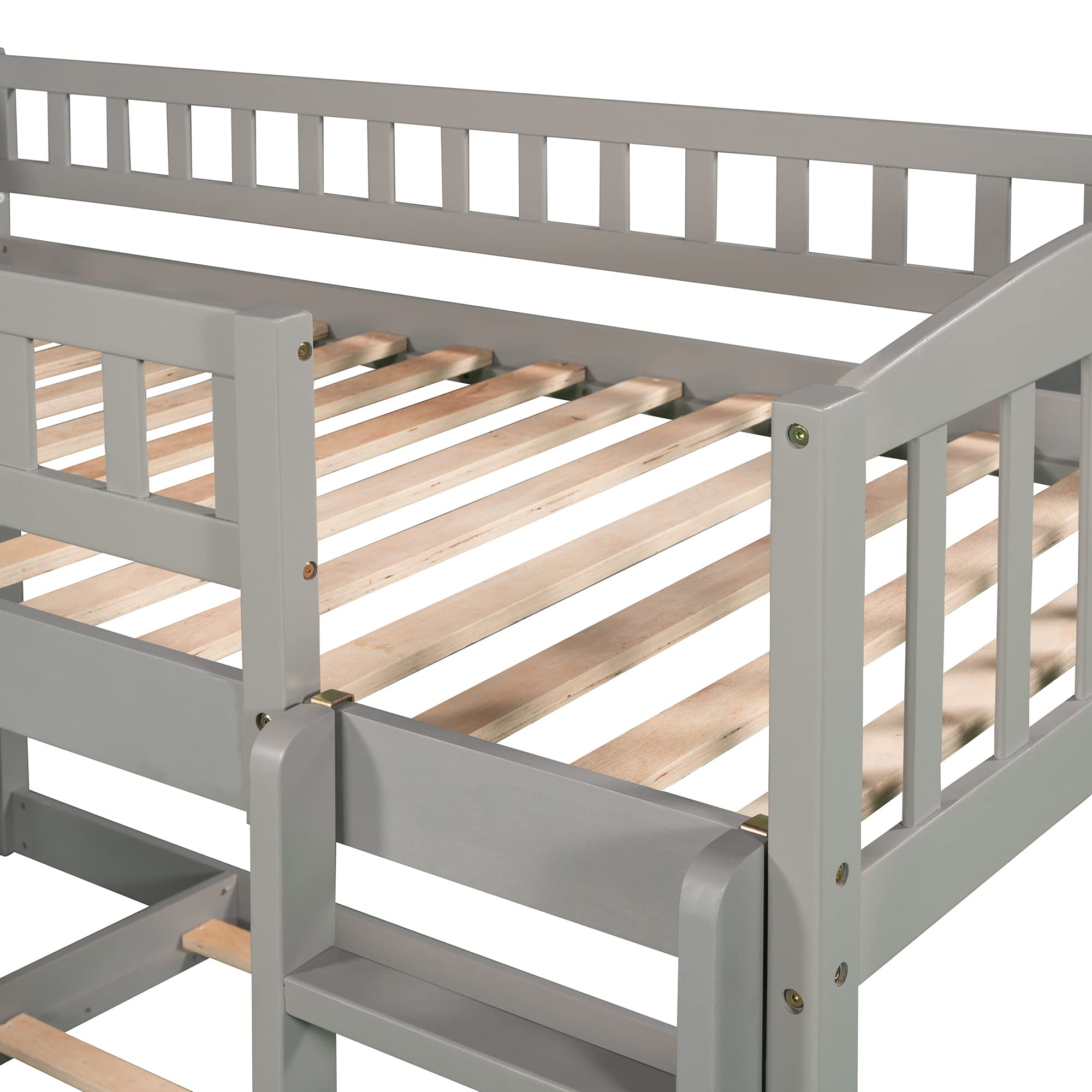 Tensun Low Bunk Bed Twin Over Twin, Wood Floor Bunk Bed with Slide and Ladder, L-Shape Bunk Bed for Bedrooms,Dorms,Kids,Toddlers,No Box Spring Needed,Easy to Assemble,Grey