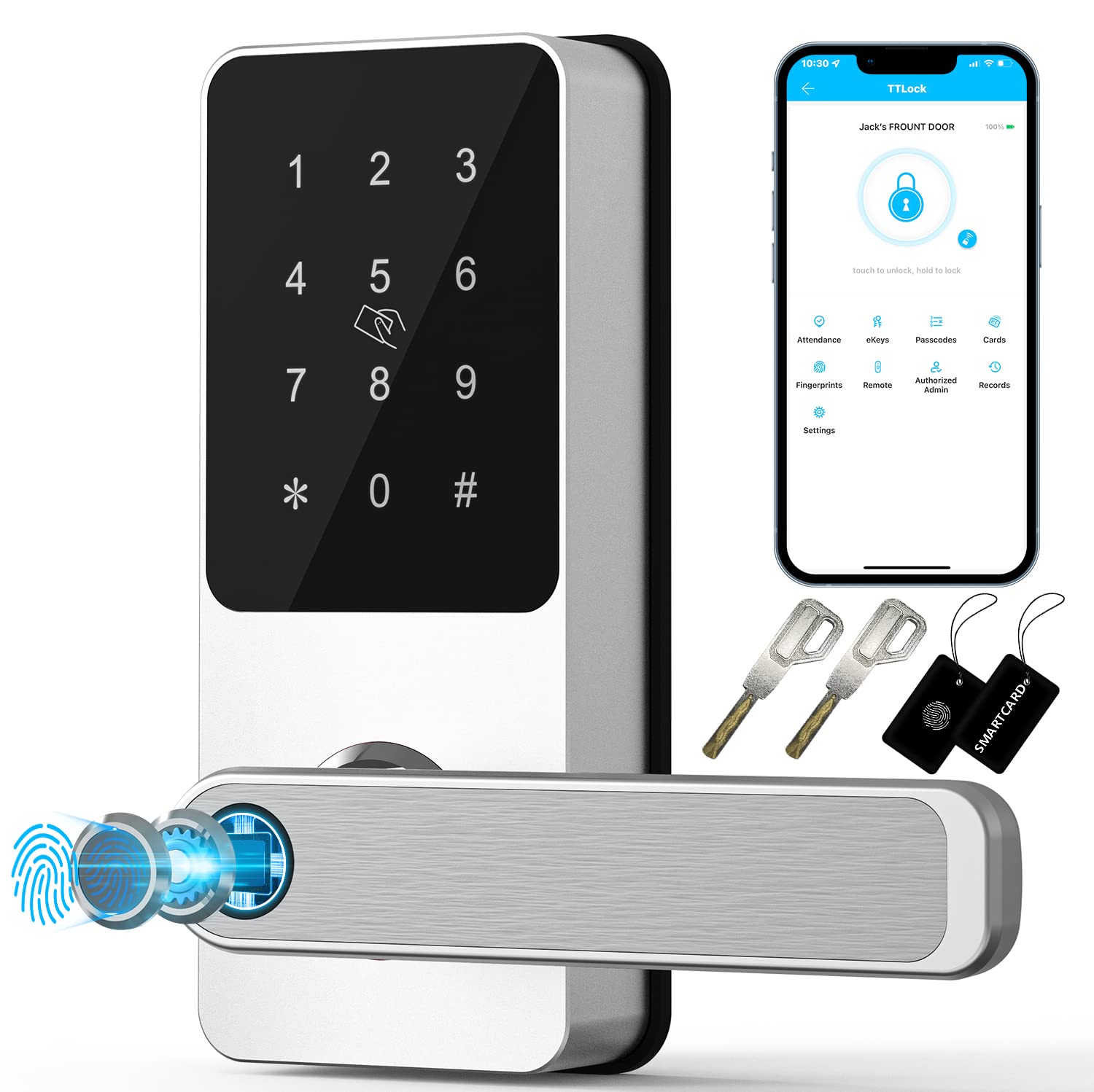 Smart Locks for Front Door: Keyless Entry Door Lock, Electronic Keypad Fingerprint Door Lock with 6-in-1 Unlock - Fingerprint, Bluetooth, Code, IC Card, Key, Remote Unlock