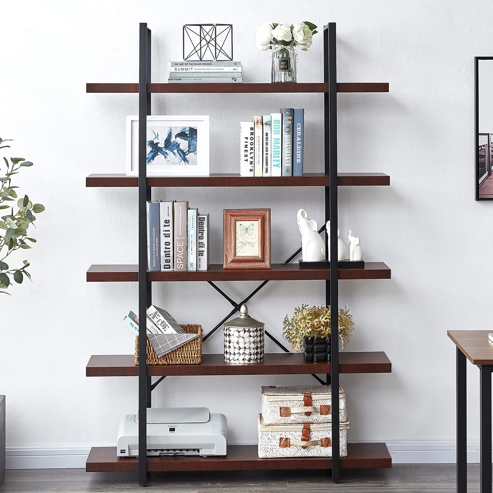 SUPERJARE 5-Tier Bookshelf, Industrial Bookcase with Metal Frame, Modern Rustic Shelving Unit for Home Office, Wood Grain - Walnut