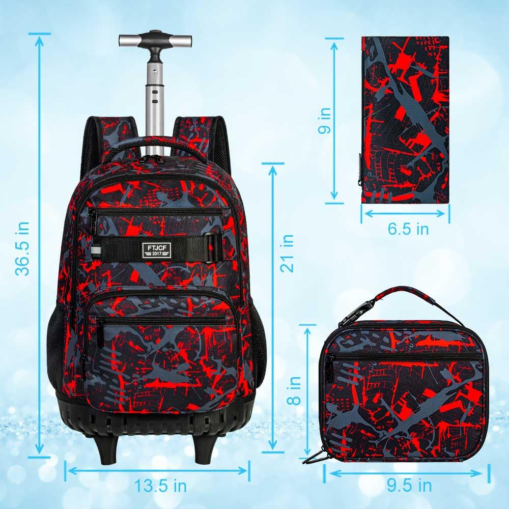 ZLYERT 3Pcs Rolling Backpack for Boys Men, Travel Roller Backpacks with Wheels for Adults, Teens College Graffiti Wheeled Bookbag with Lunch Box(Blue)