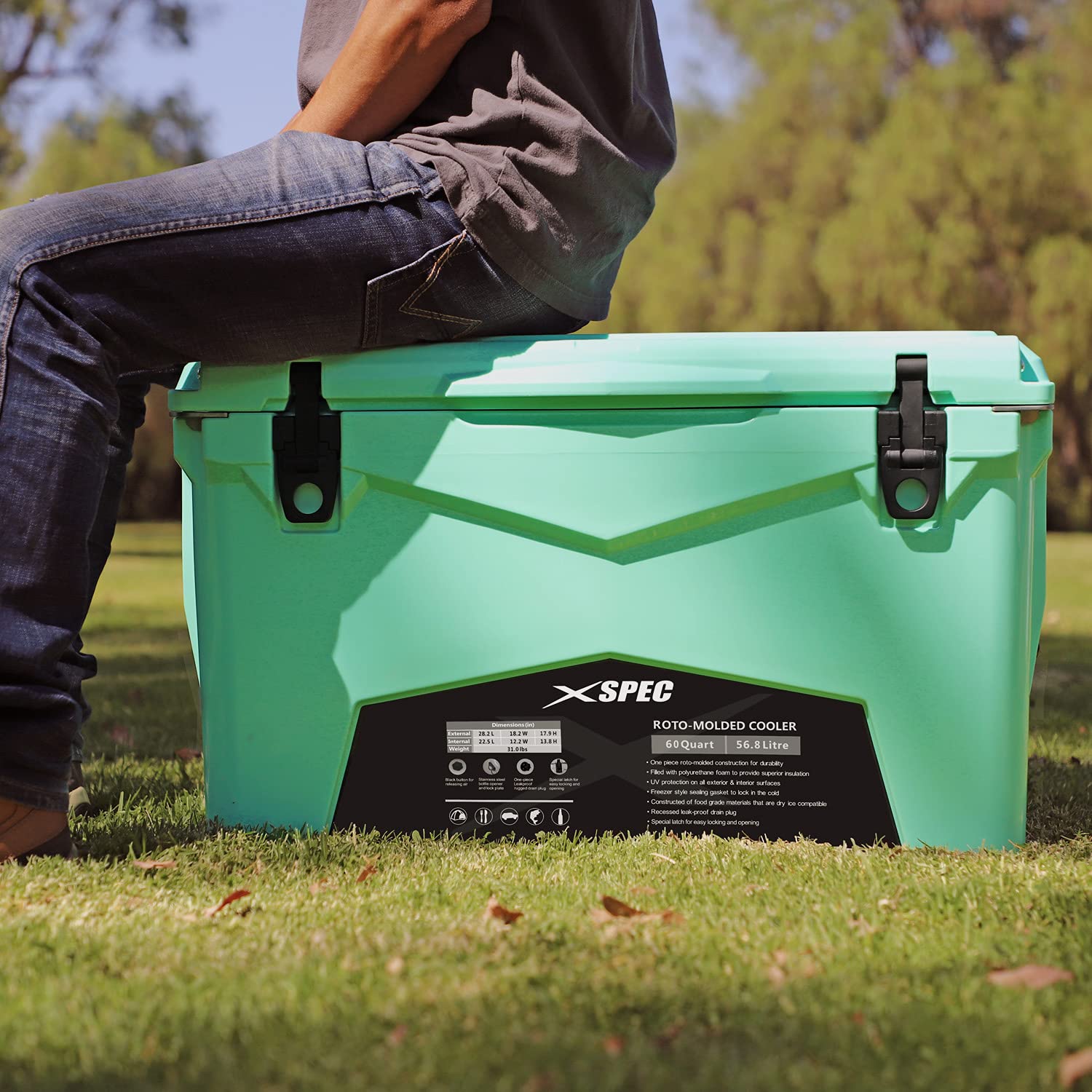Xspec 60 Quart Roto Molded High Performance Camping Cooler Ice Chest | Pro Tough Durable Outdoor Ice Chest, Seafoam