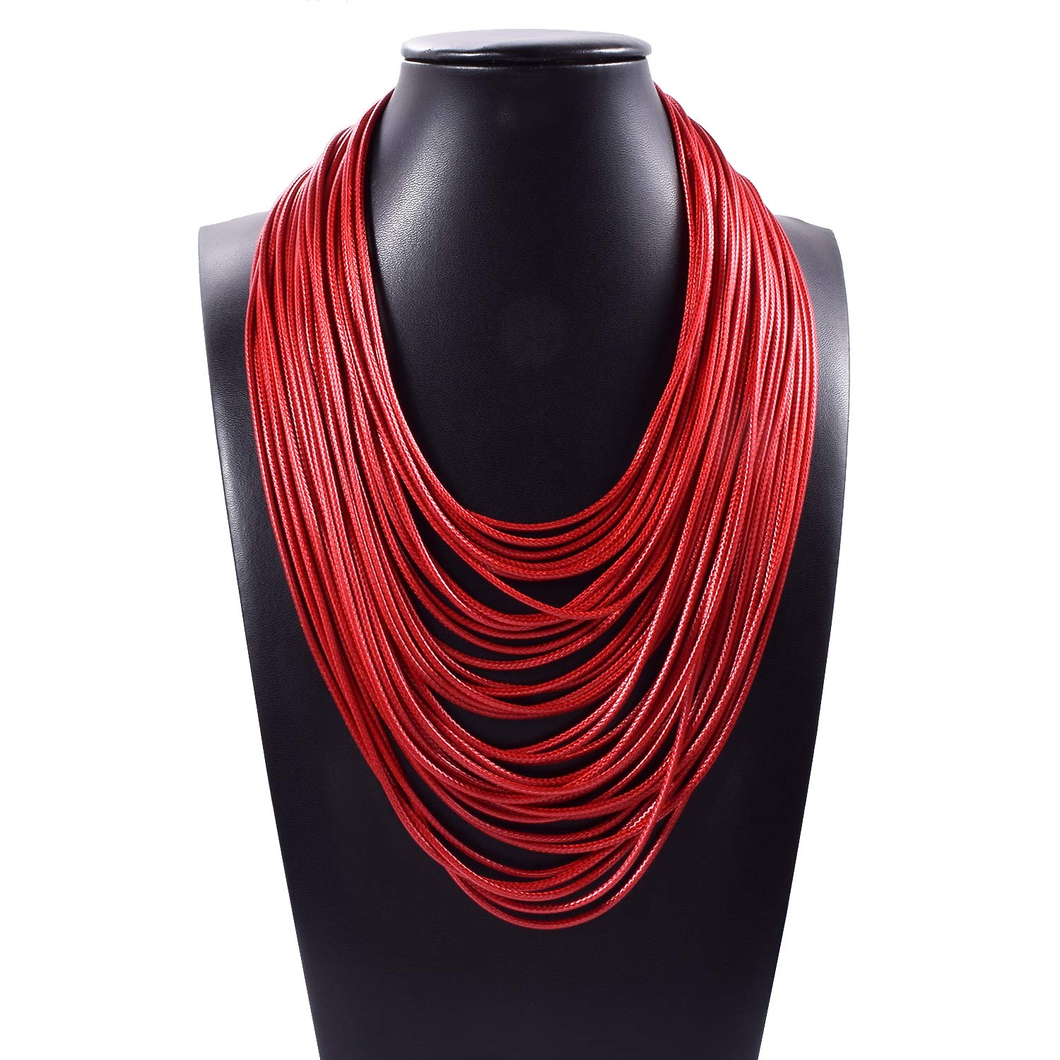 Yuhuan Necklace Women Fashion Bib Choker 36 Layers Wax Line Collar Statement Jewelry (Red)