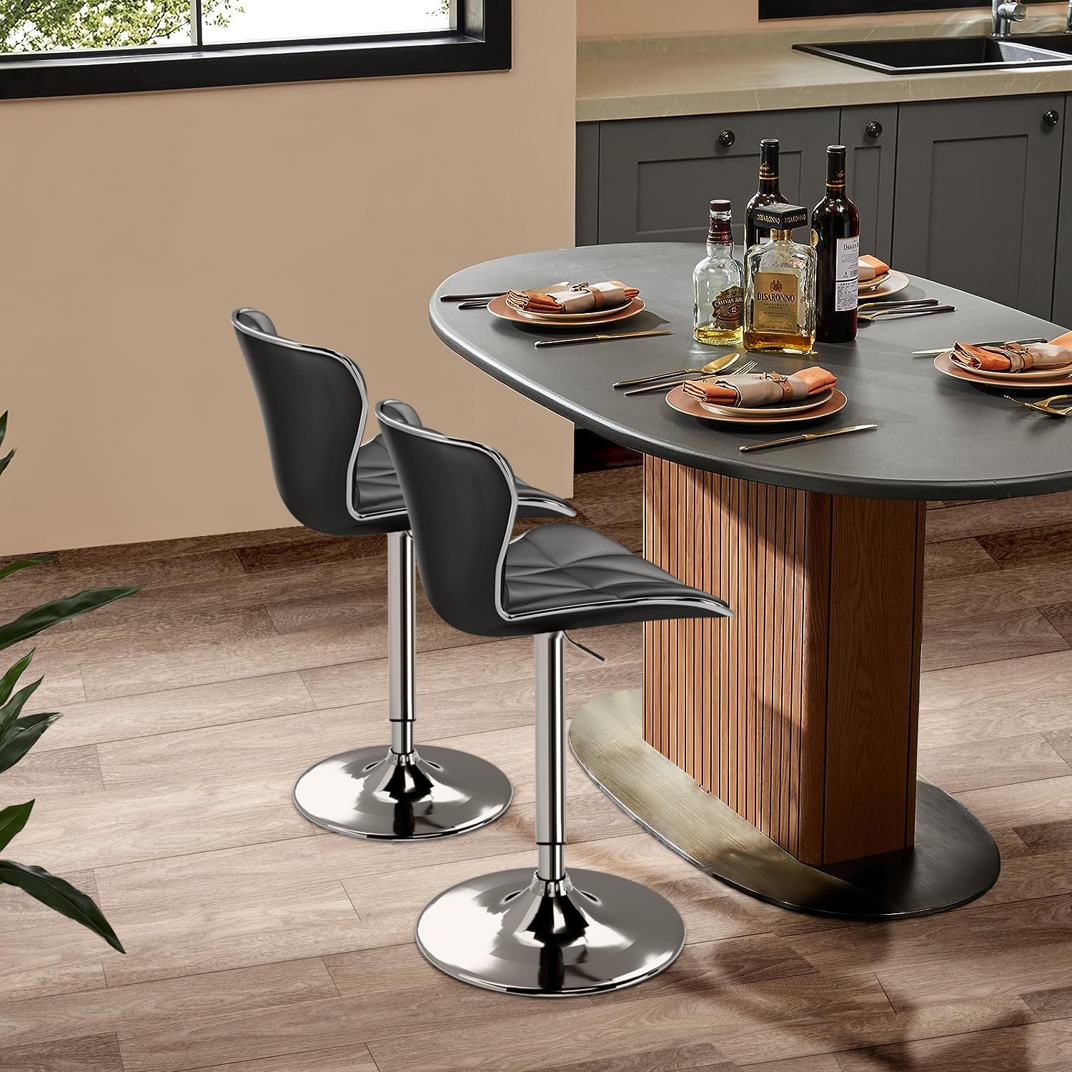 VATROS Bar Stools Set of 2, Swivel Adjustable Counter Height Barstools with Back and PU Leather, Bar Stools for Kitchen Counter/Dining Room/Office-Grey