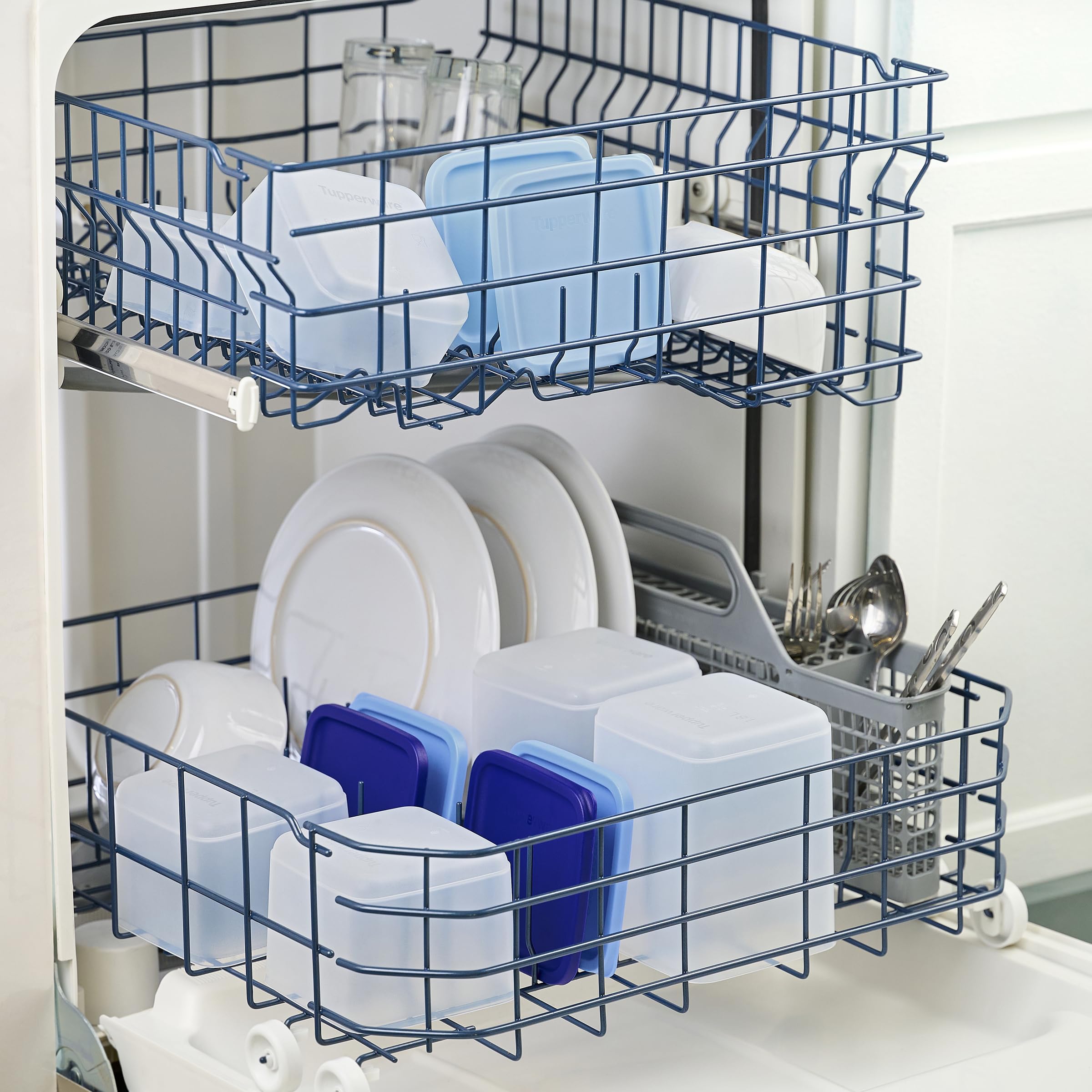 Tupperware Stacking Square Storage Set - Dishwasher Safe & BPA Free - (6 Clear Containers + 6 Blue Lids)