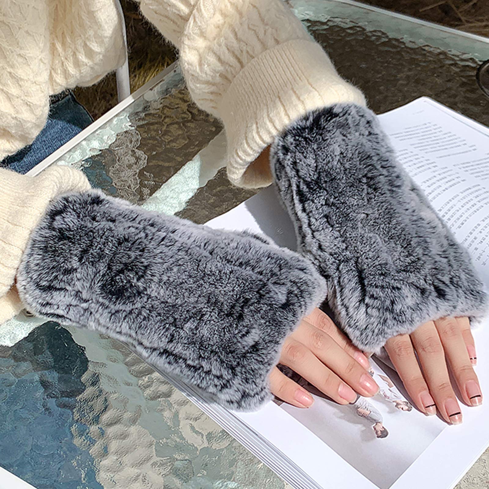 Valpeak Womens Rabbit Fur Winter Mittens Knitted Fingerless Gloves(Snowtop Black)