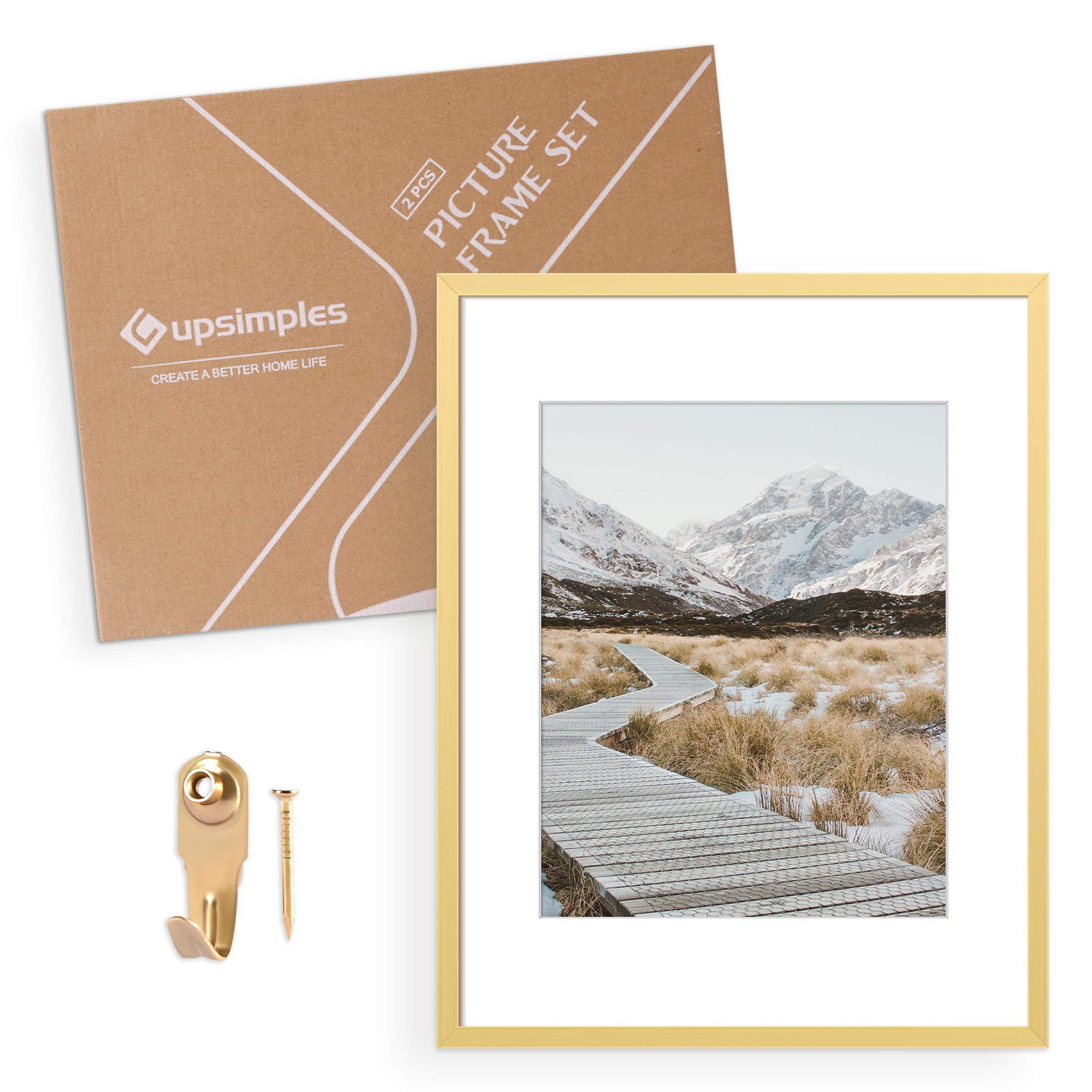 upsimples 11x14 Aluminum Picture Frame with mat for 8x10, Gallery Wall Decor Metal Photo Frames Set of 2, Gold